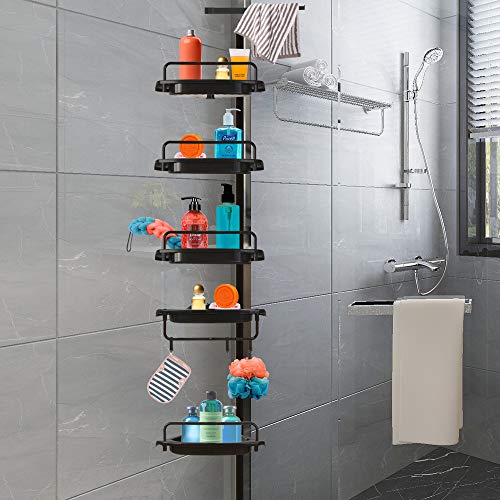 Vailge Constant Tension Corner Shower Caddy, Stainless Steel Pole, 5-Shelf, Rustproof, Strong and Sturdy, Black