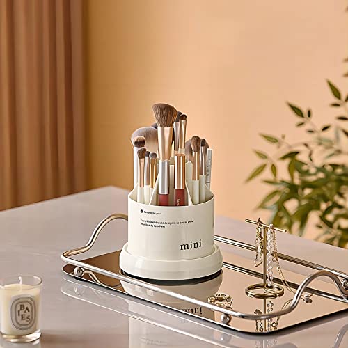 DASITON 360° Rotating Makeup Brush Holder,Covered Dustproof Makeup Brushes Organizer,7 Slot Makeup Brushes Cup,for Vanity Decor,Bathroom Countertops,Cosmetic Display cases(Cream)