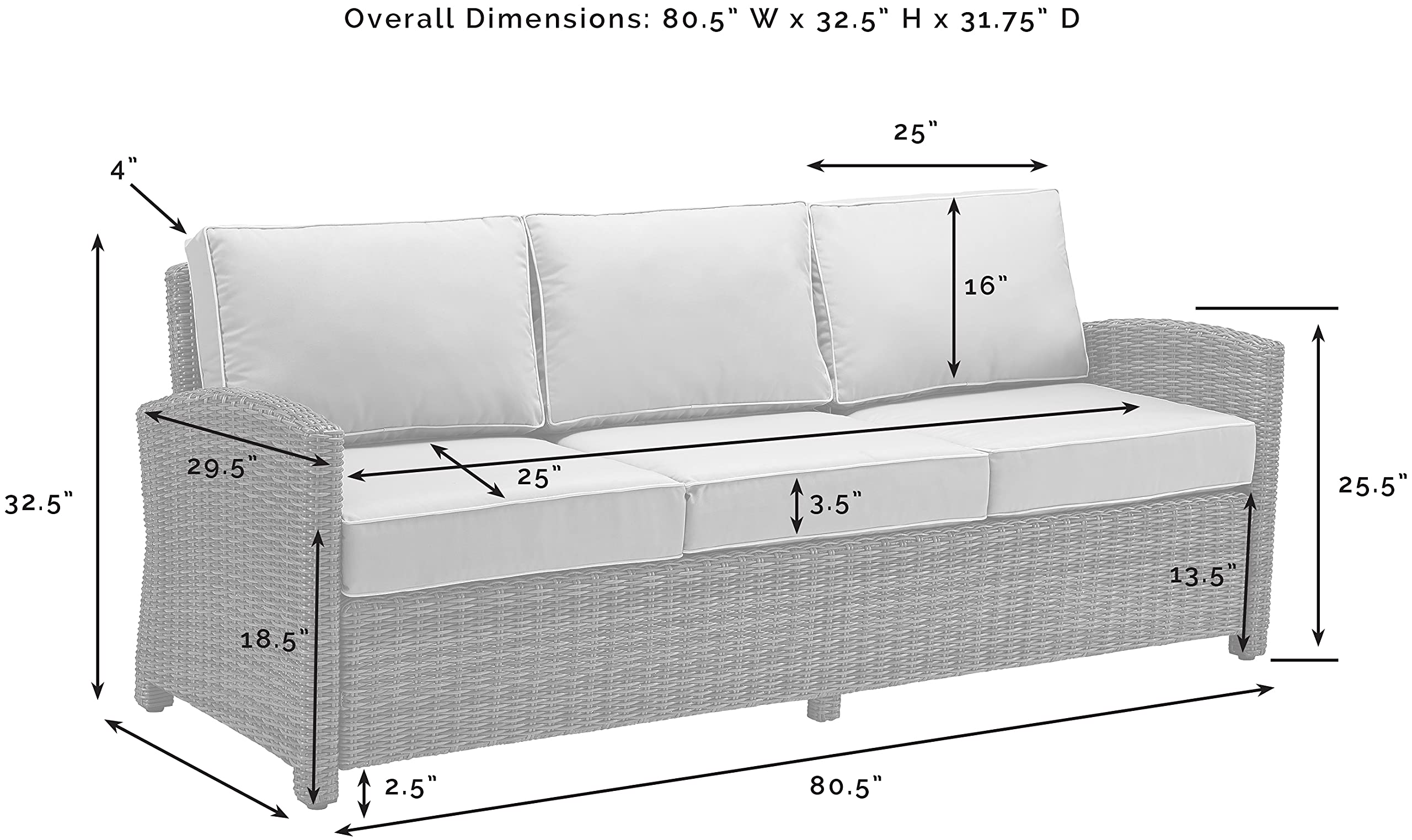Crosley Furniture Bradenton Wicker Outdoor Sofa, 3-Person Patio Couch for Porch, Deck, Backyard, Brown with Gray Cushions