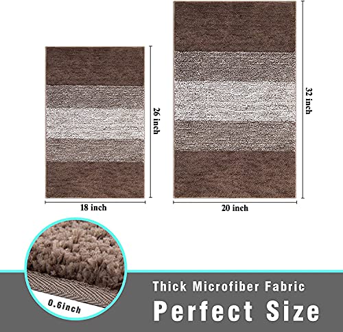 Vaukki Luxury Soft Bathroom Rugs Set of 2, Non Slip Washable Plush Bath Floor Mats, Microfiber Shaggy Absorbent Striped Bath Carpet for Tub, Bathroom and Shower (18''x26''+20''x32'', Coffee)