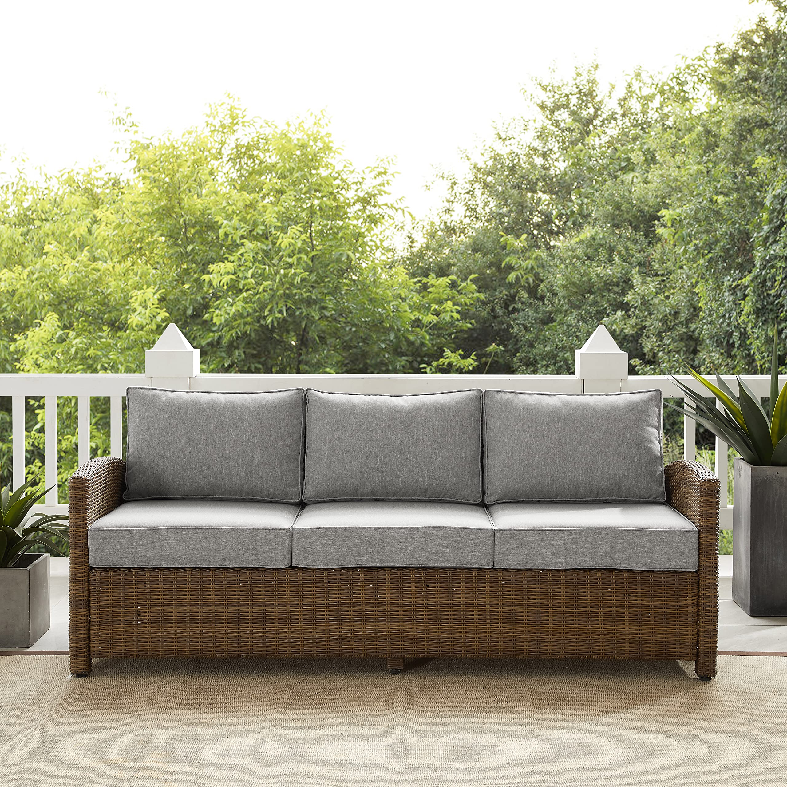 Crosley Furniture Bradenton Wicker Outdoor Sofa, 3-Person Patio Couch for Porch, Deck, Backyard, Brown with Gray Cushions