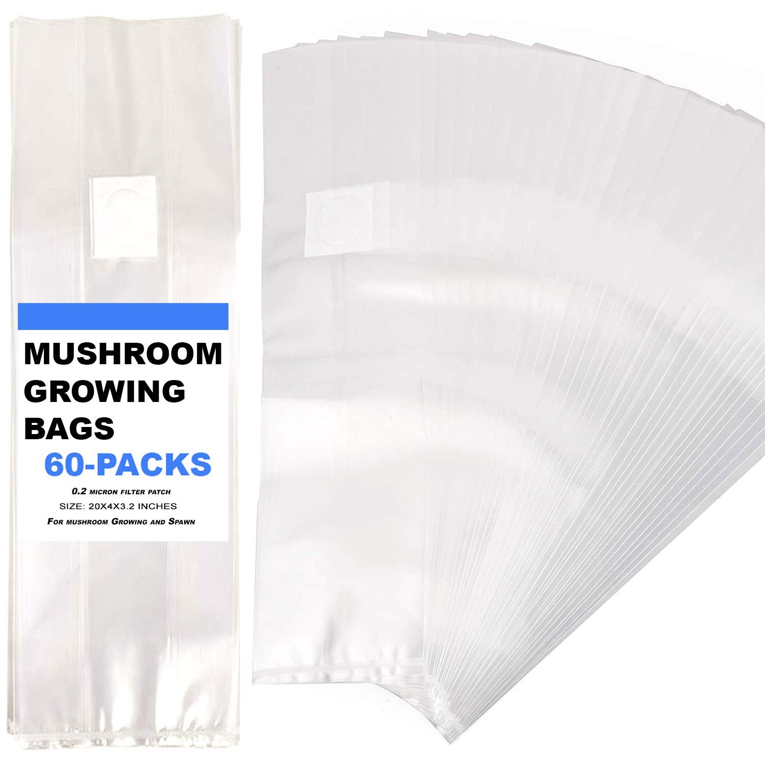 60PACK Mushroom Grow Bags, Large Extra Thick 6 Mil Spawn Bags, 4" X 3.2" X 20" 0.2 Micron Filter Breathable, Mushroom Growing Bags for Substrate Autoclavable, Mushroom Bag Tear Resistant Strong
