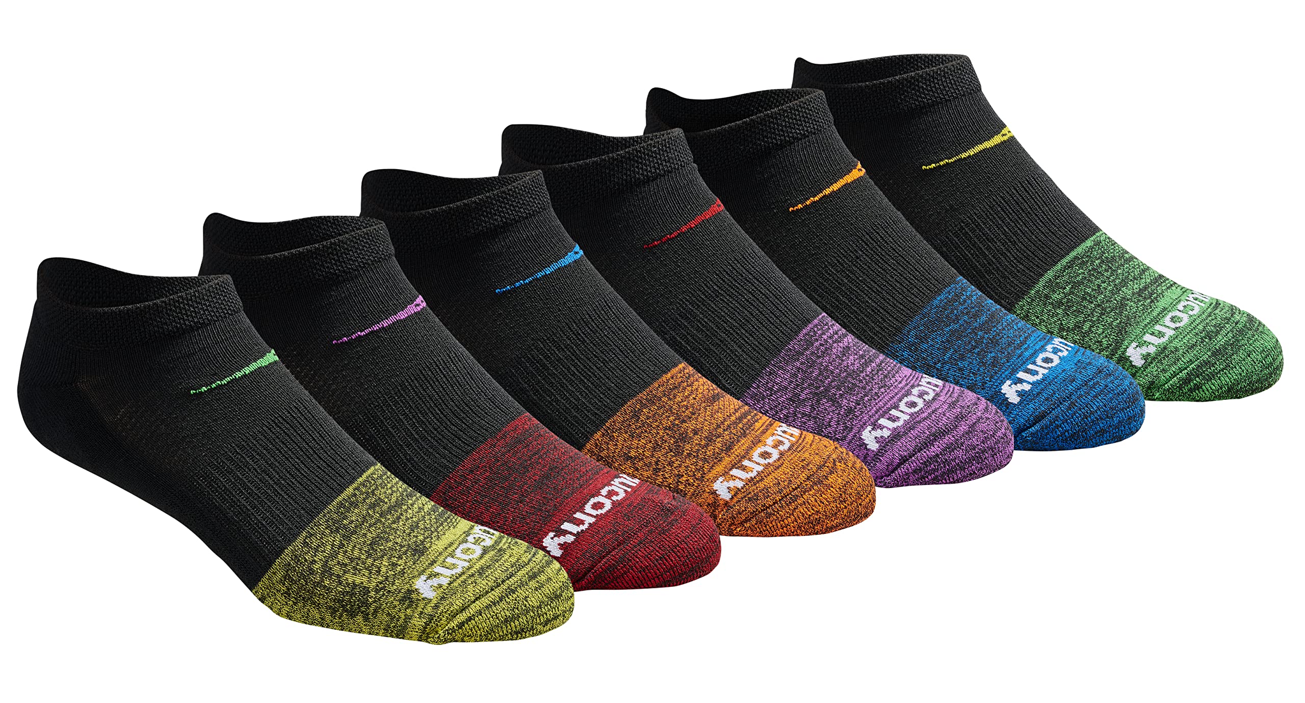 Saucony Men's RunDry Mesh Ventilating Comfort Fit Performance No-Show Socks, Available in M-XXL (6, 12, 18, Fashion Tipped Black (6 Pairs), Large