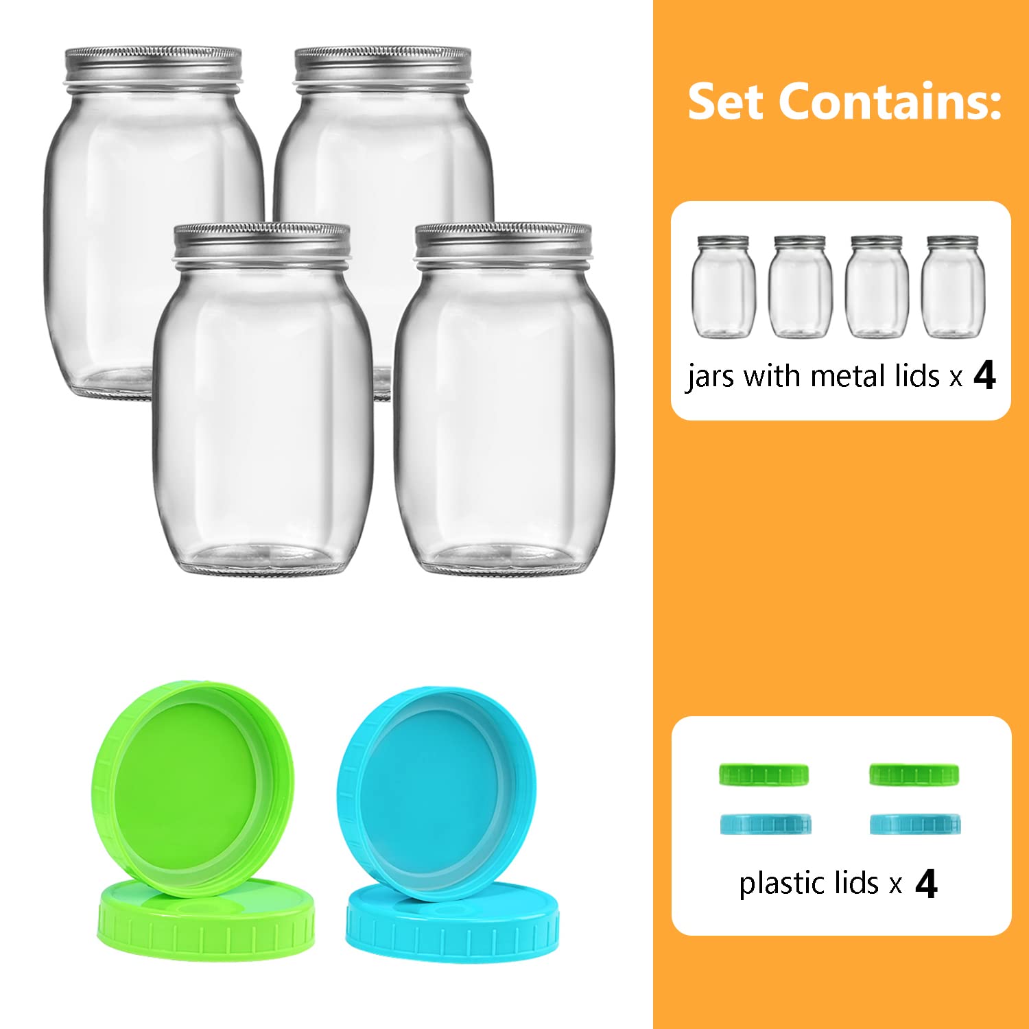 32 oz Wide Mouth Mason Jars with Metal Lids & Plastic Lids, Quart Size Clear Glass Jars for Preserving, Meal Prep, Salad, Canning, Fermenting, Favors, Home Decor, DIY - 4 Pack1