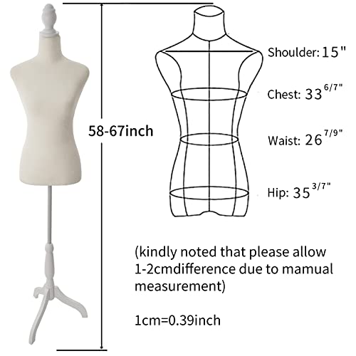 Beige Female Dress Form Mannequin with Pinnable Torso Body Adjustable Tripod Stand Dress Jewelry Display