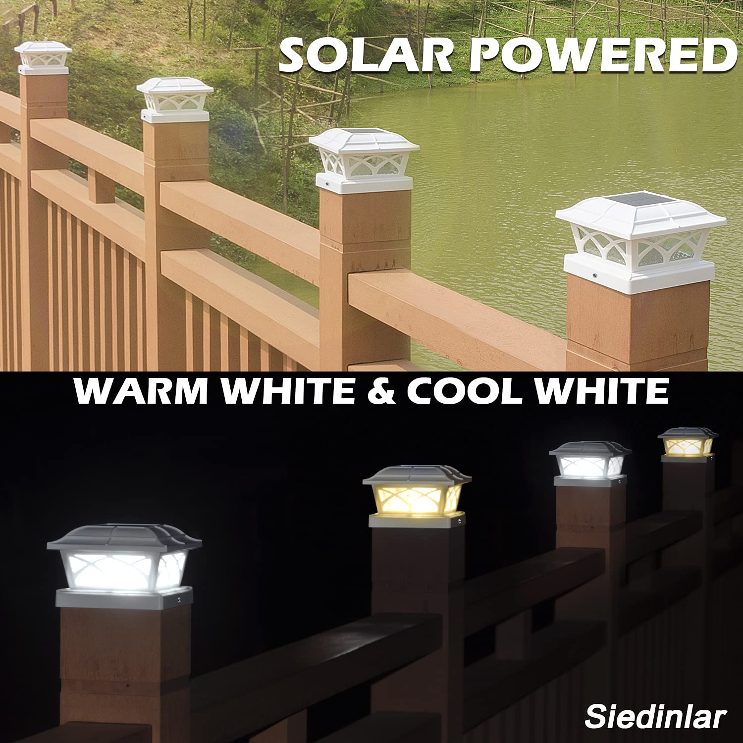 SIEDiNLAR Solar Post Cap Lights Outdoor Glass 2 Modes 8 LEDs for 4x4 5x5 6x6 Posts Fence Deck Patio Decoration Warm White/Cool White Lighting White (2 Pack)