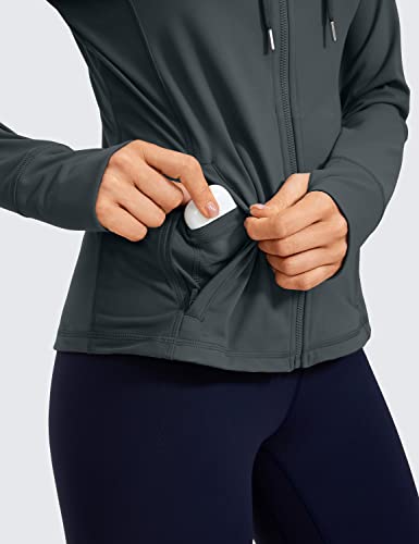 CRZ YOGA Women's Brushed Full Zip Hoodie Jacket Sportswear Hooded Workout Track Running Jacket with Zip Pockets Carbon Gray Medium