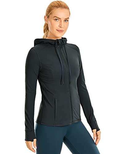 CRZ YOGA Women's Brushed Full Zip Hoodie Jacket Sportswear Hooded Workout Track Running Jacket with Zip Pockets Carbon Gray Medium