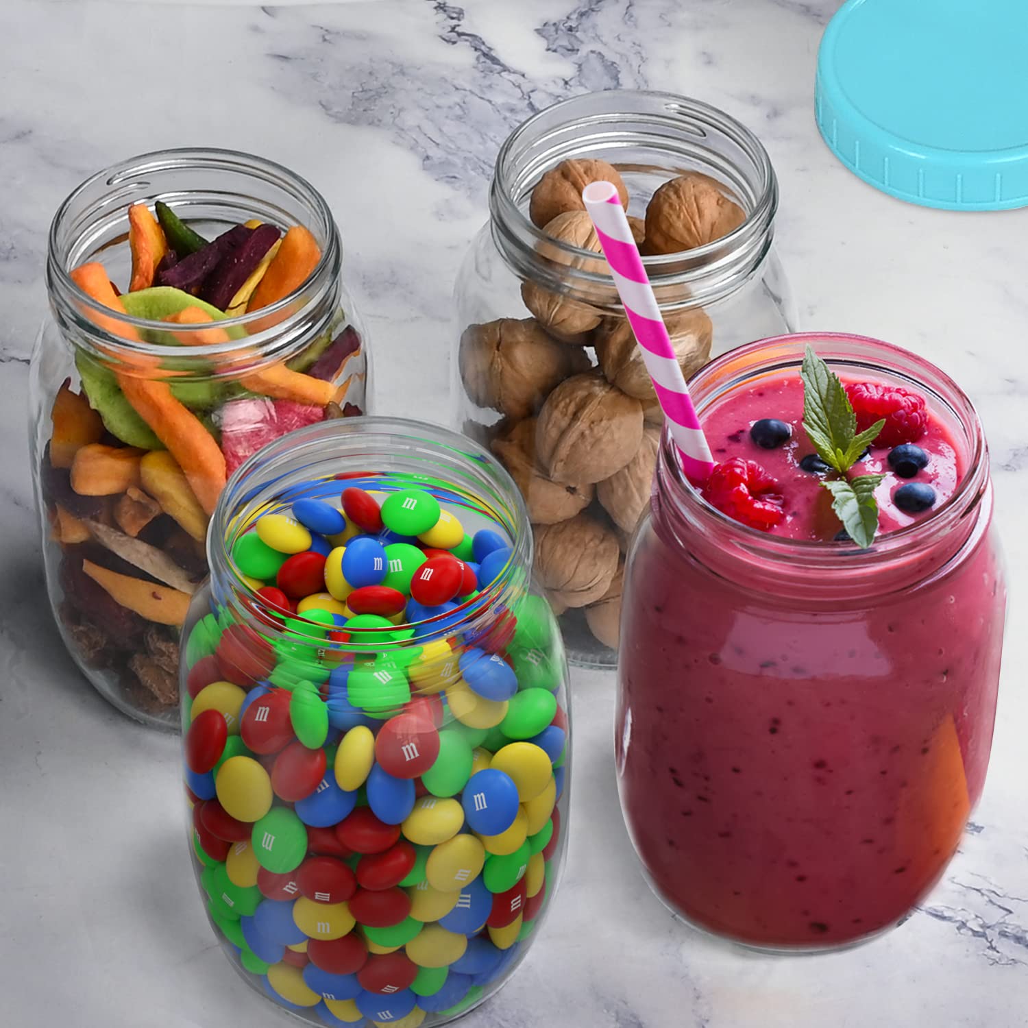 32 oz Wide Mouth Mason Jars with Metal Lids & Plastic Lids, Quart Size Clear Glass Jars for Preserving, Meal Prep, Salad, Canning, Fermenting, Favors, Home Decor, DIY - 4 Pack1