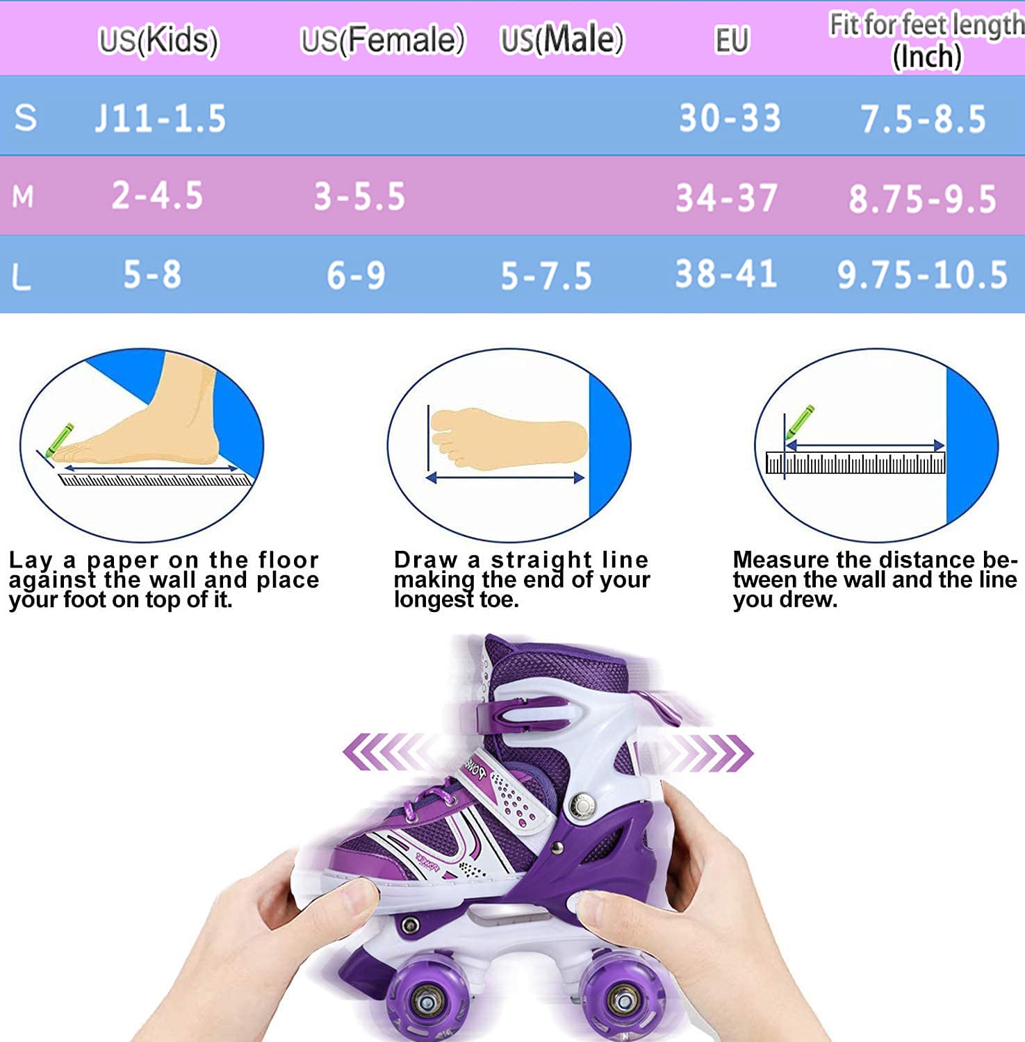 Roller Skates for Kids, Adjustable Size Double Roller Skates, with All Wheels Light up, Fun Illuminating for Girls Boys for Kids, Rollerskates for Kids Beginners, Medium(2-5), Purple