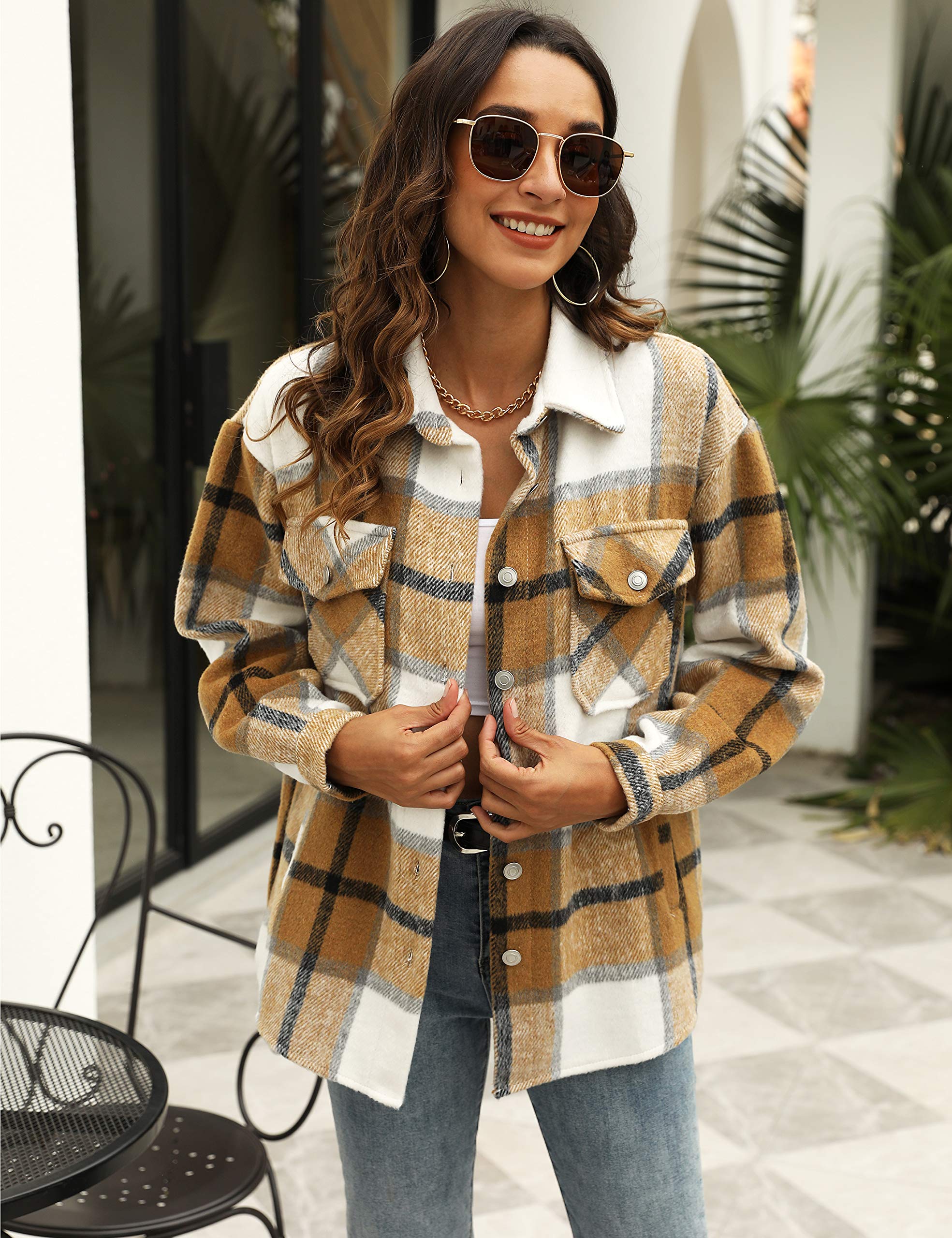 UANEO Womens Plaid Shacket Button Down Wool Blend Fall Flannel Shirt Jacket (Khaki-L)