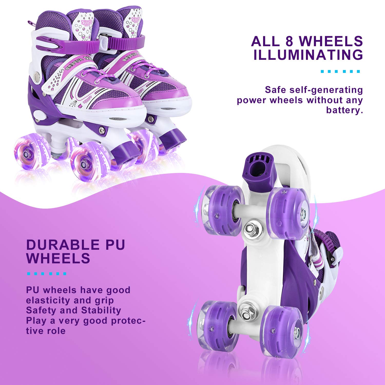 Roller Skates for Kids, Adjustable Size Double Roller Skates, with All Wheels Light up, Fun Illuminating for Girls Boys for Kids, Rollerskates for Kids Beginners, Medium(2-5), Purple