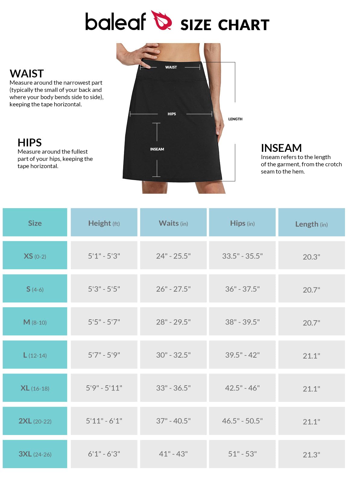 BALEAF Women's 20" Golf Skirts Knee Length Skorts Athletic Modest Long Acitive Casual Pockets UV Protection Black L