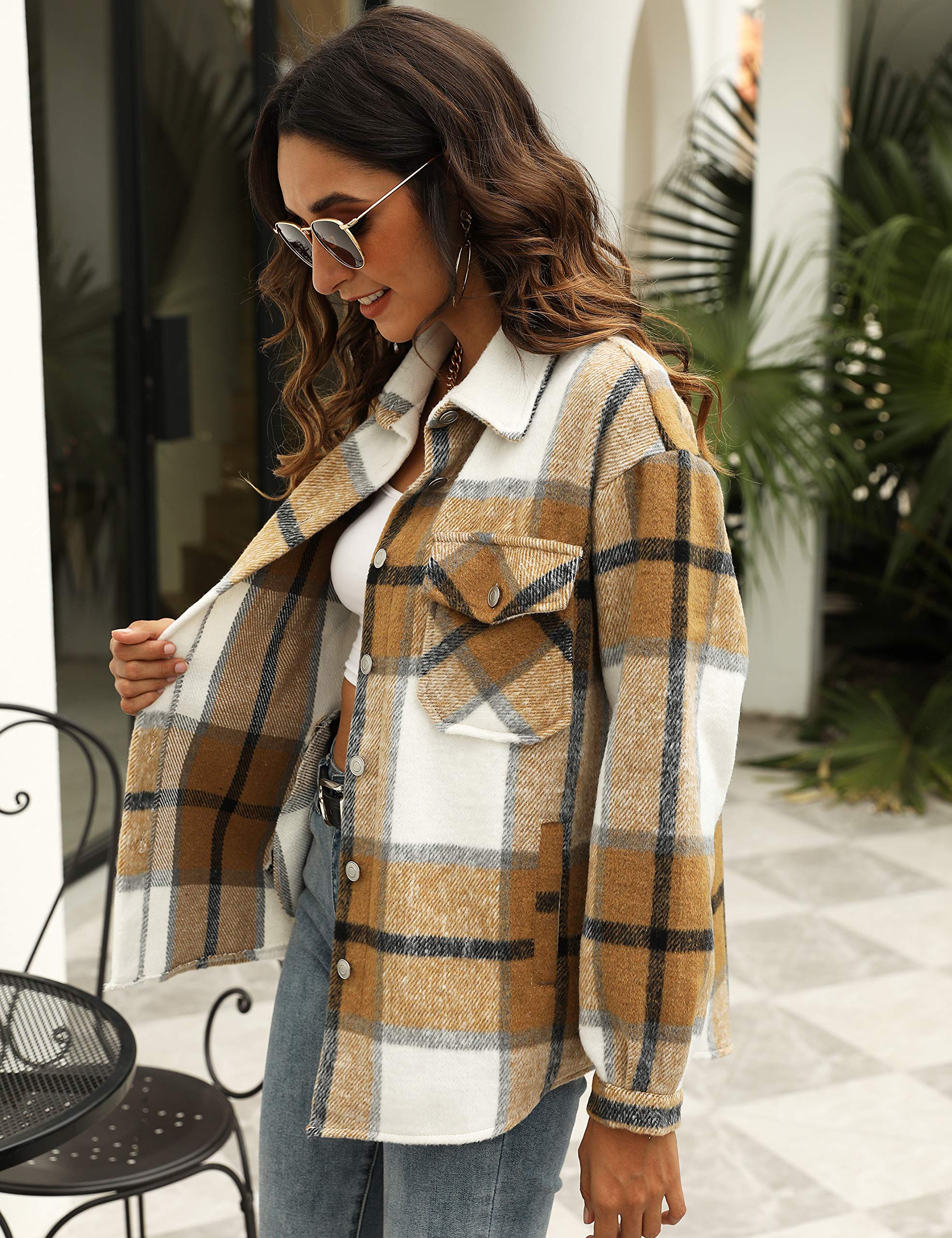 UANEO Womens Plaid Shacket Button Down Wool Blend Fall Flannel Shirt Jacket (Khaki-L)