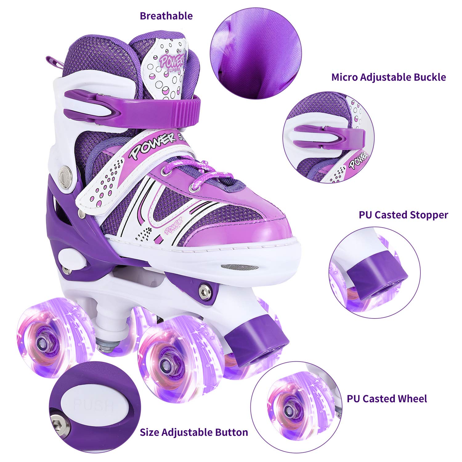 Roller Skates for Kids, Adjustable Size Double Roller Skates, with All Wheels Light up, Fun Illuminating for Girls Boys for Kids, Rollerskates for Kids Beginners, Medium(2-5), Purple