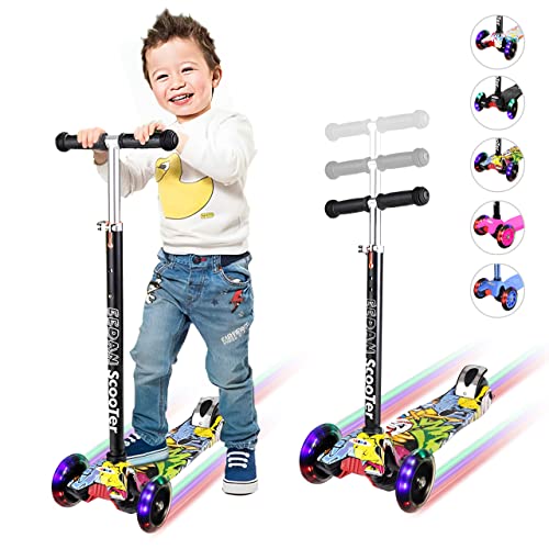 Scooter for Kids 3 Wheels Scooter Kids Scooter 4 Adjustable Height Lean to Steer Extra-Wide Deck Kids Scooter with LED Light Up Wheels Toddlers Girls & Boys from 3 to 12 Year-OldLearn to Steer
