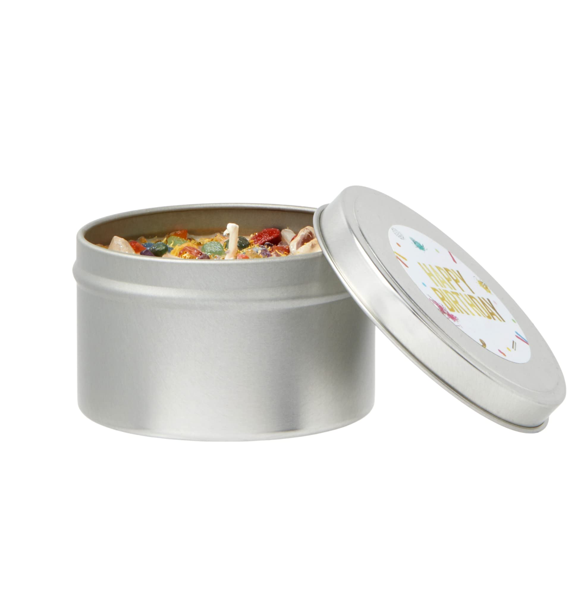 Happy Birthday Candle by New Moon Beginnings - Intention & Manifestation - Birthday Wish Candle - Crystal & Herb Candles - Aromatherapy Candles - Soy Candle, 8 Ounce Round Tin