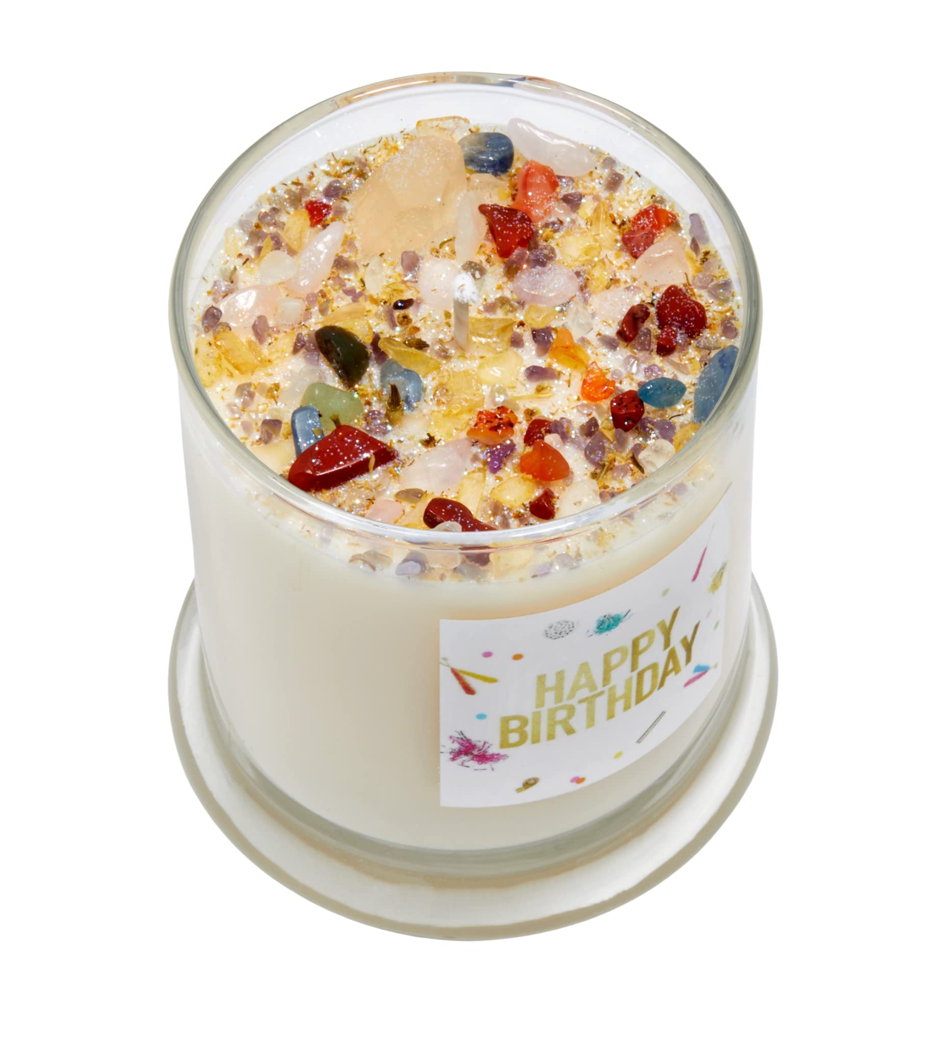Happy Birthday Candle by New Moon Beginnings - Intention & Manifestation - Birthday Wish Candle - Crystal & Herb Candles - Aromatherapy Candles - Soy Candle, 8 Ounce Round Tin