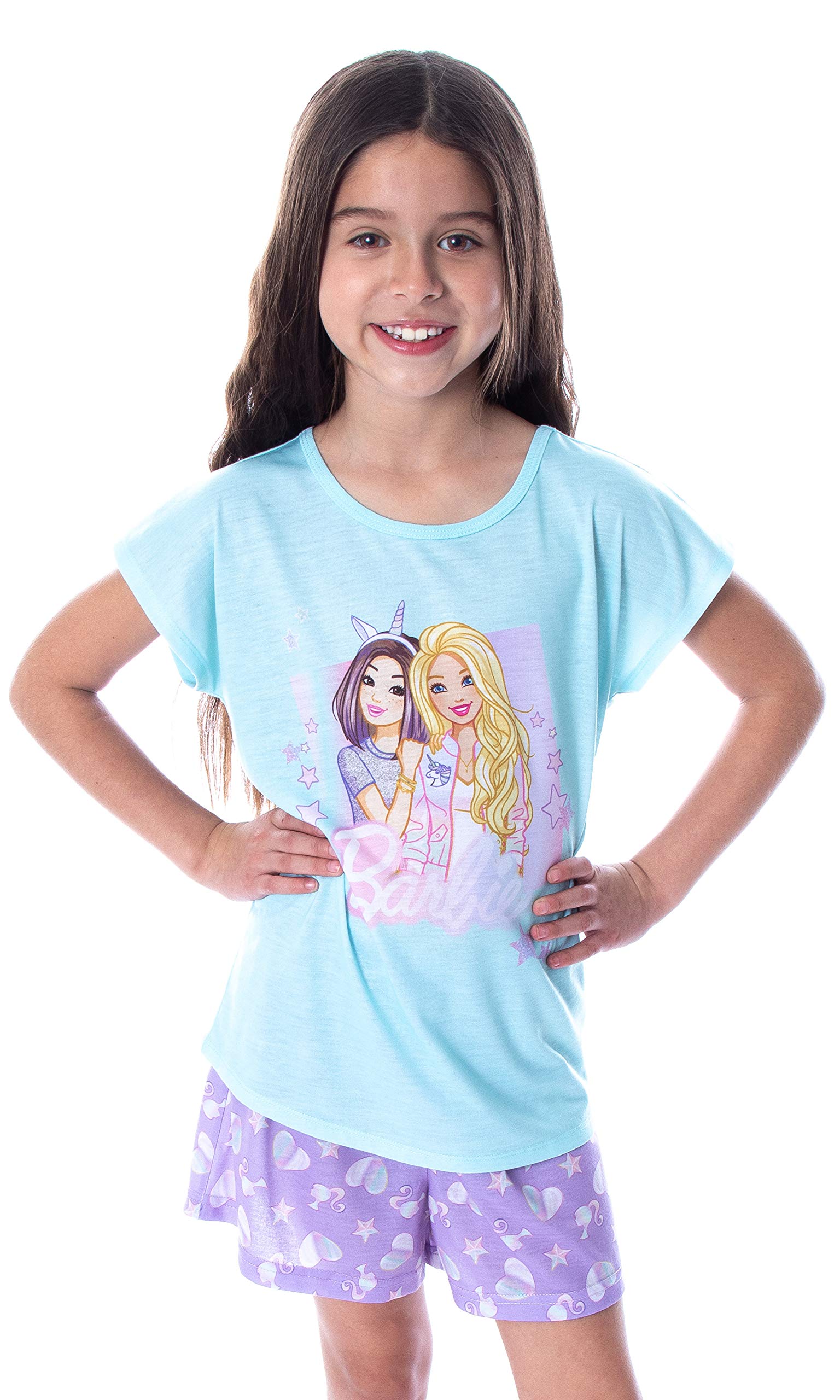 INTIMO Barbie Little Girls' Barbie Doll Unicorn Love Shirt and Shorts 2 PC Pajama Set (10/12)