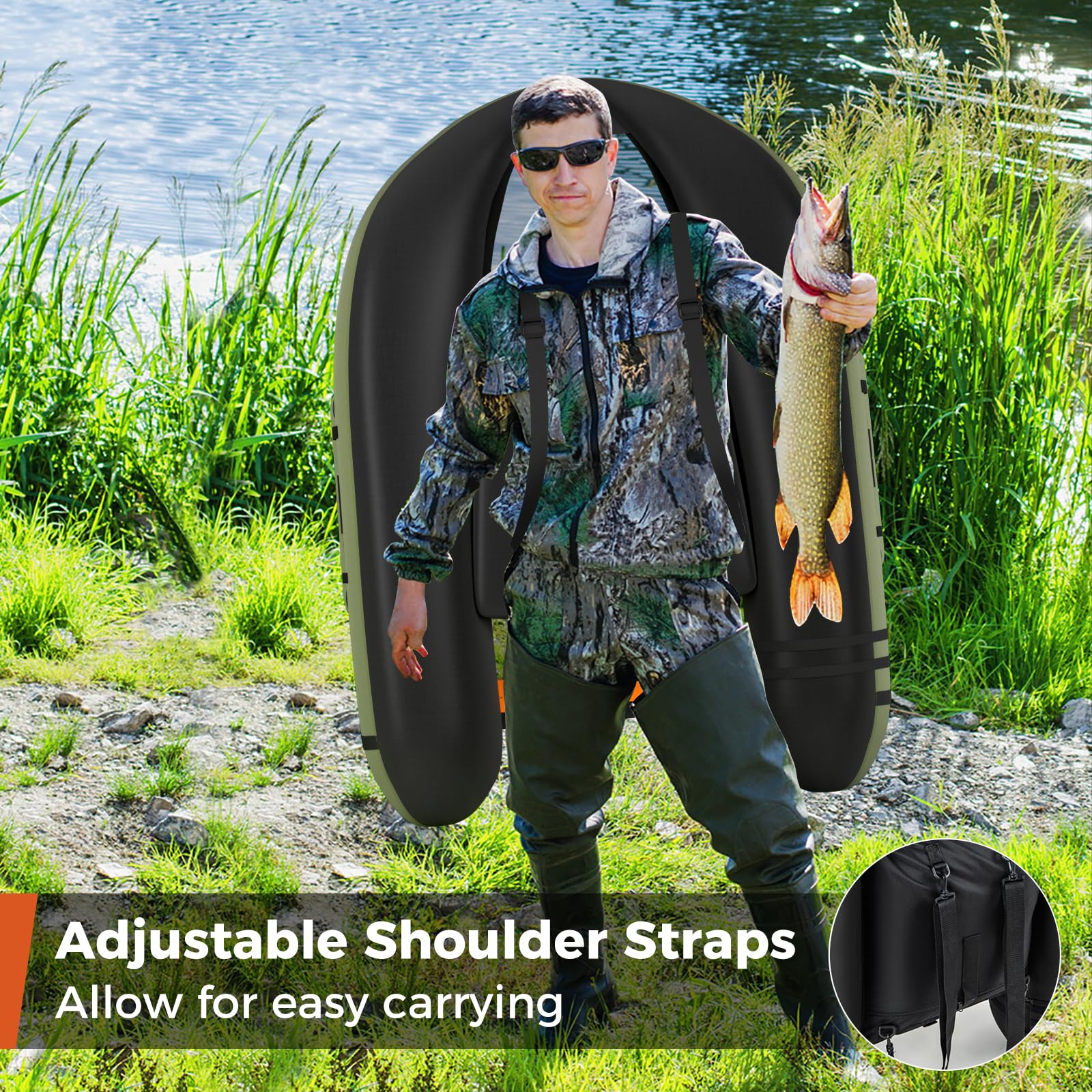 Goplus Inflatable Float Tube, Fishing Belly Boat w/Paddle, Flippers, Fish Ruler, Pump, Storage Bag, Adjustable Straps, 350LBS Load Capacity (Green, W/Rod Holder)
