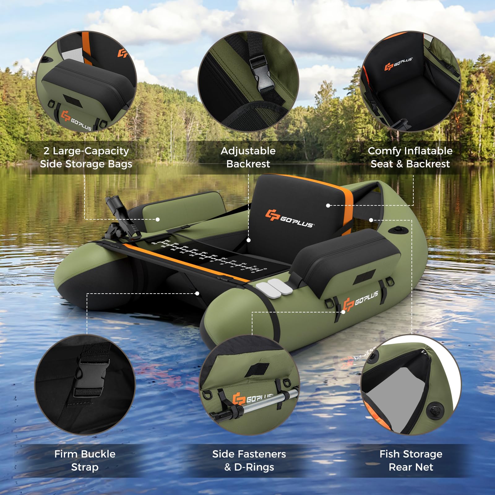 Goplus Inflatable Float Tube, Fishing Belly Boat w/Paddle, Flippers, Fish Ruler, Pump, Storage Bag, Adjustable Straps, 350LBS Load Capacity (Green, W/Rod Holder)