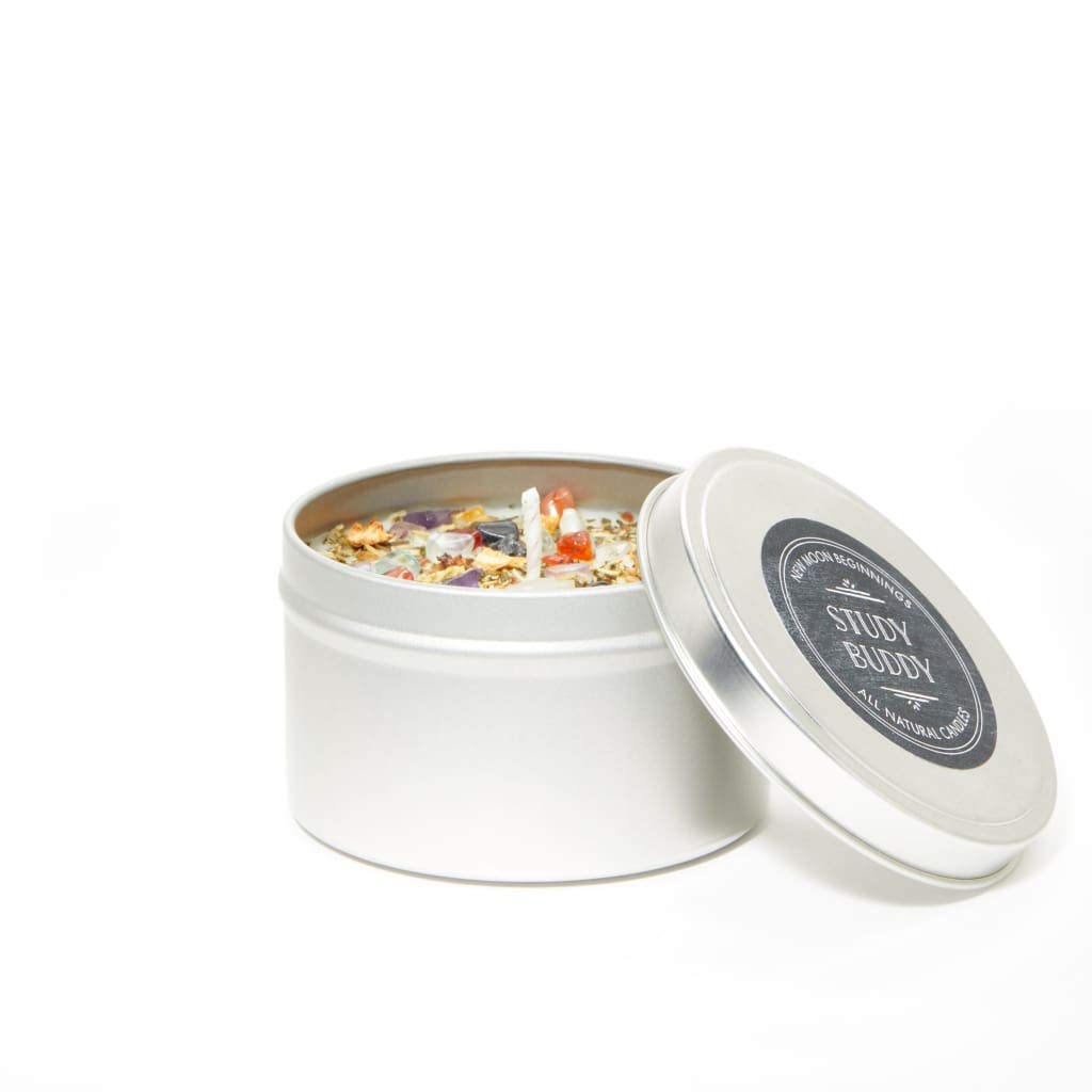 Study Buddy Candles by New Moon Beginnings - Focus, Creativity, & Concentration - Herb & Crystal Candles - Soy Candles - Aromatherapy Candles - 8oz Tin