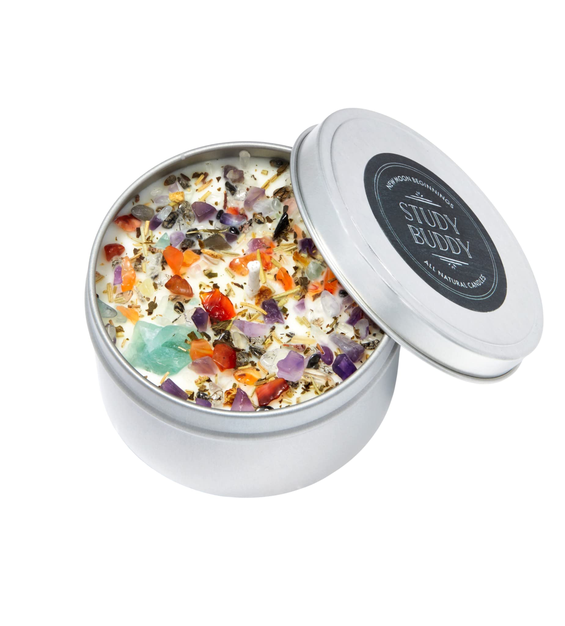 Study Buddy Candles by New Moon Beginnings - Focus, Creativity, & Concentration - Herb & Crystal Candles - Soy Candles - Aromatherapy Candles - 8oz Tin