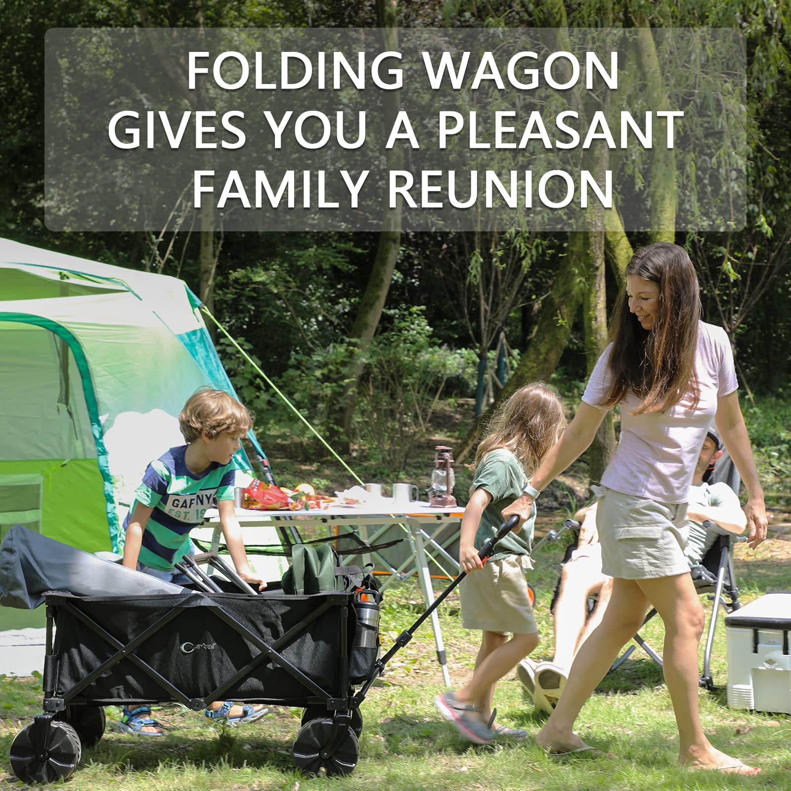 Portal Folding Collapsible Beach Wagon Utility Outdoor Camping Cart with 8" Big Wheels & Adjustable Handle, Large Capacity Foldable Grocery Wagon for Garden Beach Wagon, Black
