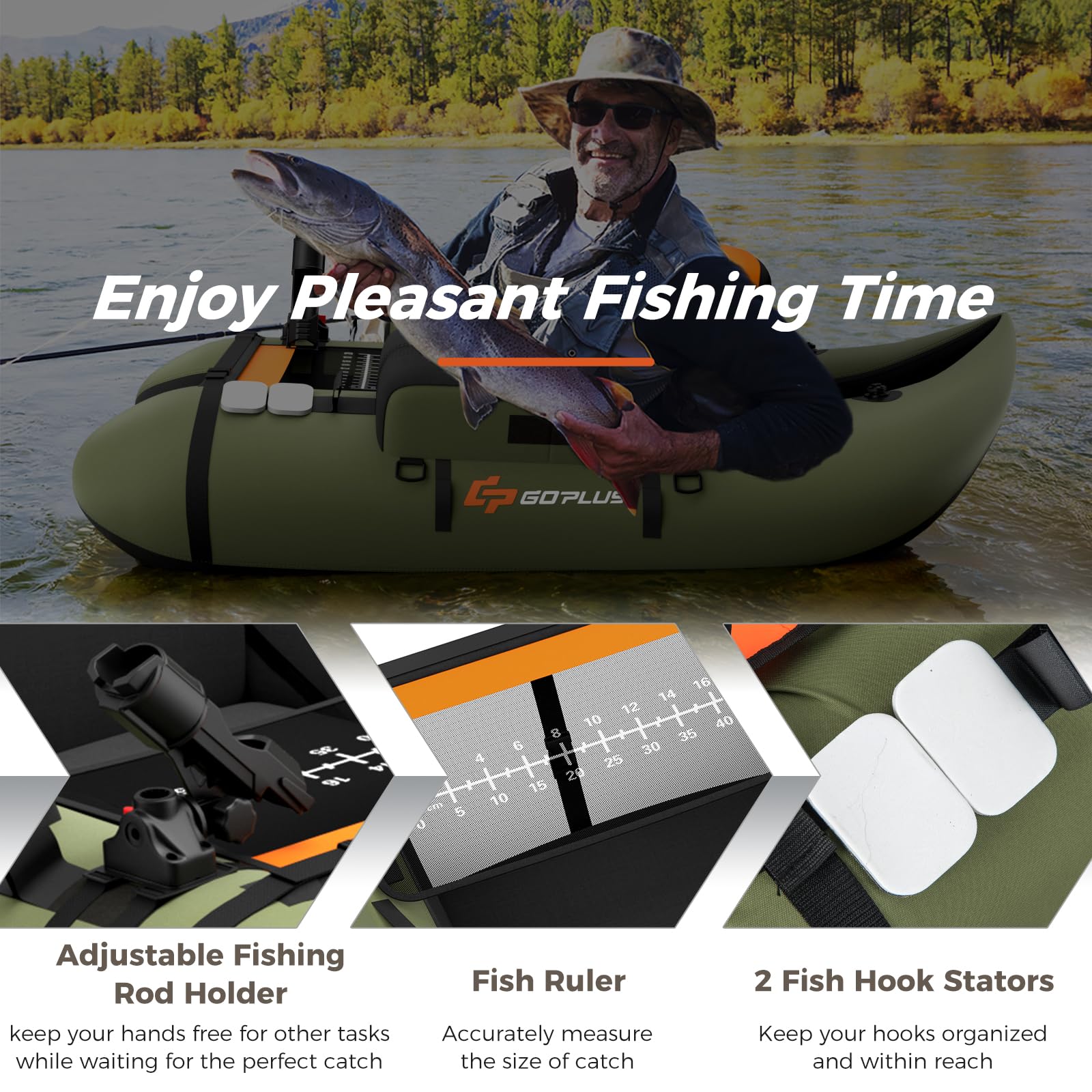 Goplus Inflatable Float Tube, Fishing Belly Boat w/Paddle, Flippers, Fish Ruler, Pump, Storage Bag, Adjustable Straps, 350LBS Load Capacity (Green, W/Rod Holder)