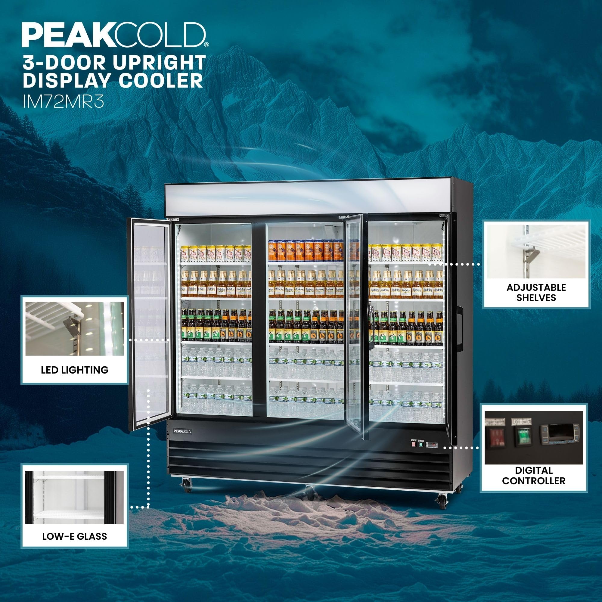 PEAKCOLD Commercial Upright Display Cooler - Merchandiser Refrigerator with Three Glass Doors and LED Lighting, 57.5 Cu Ft Capacity, Adjustable Shelves, Perfect for Restaurants, Cafes, and Bars