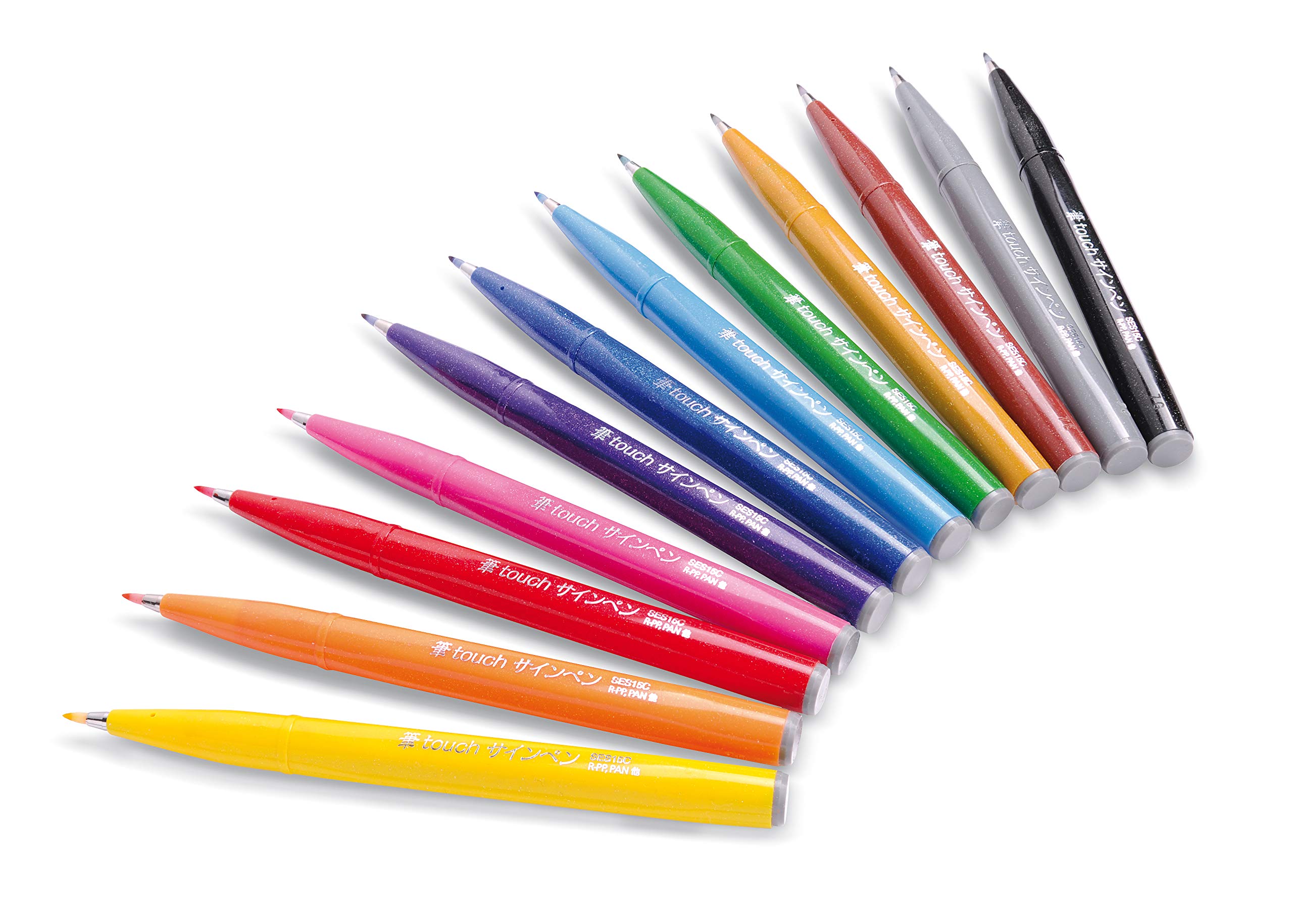 Pentel SES15-12 Brush Sign Pen Basic Assortment Fibre-Tip Brush Like Tip Pack of 12 Assorted Colours