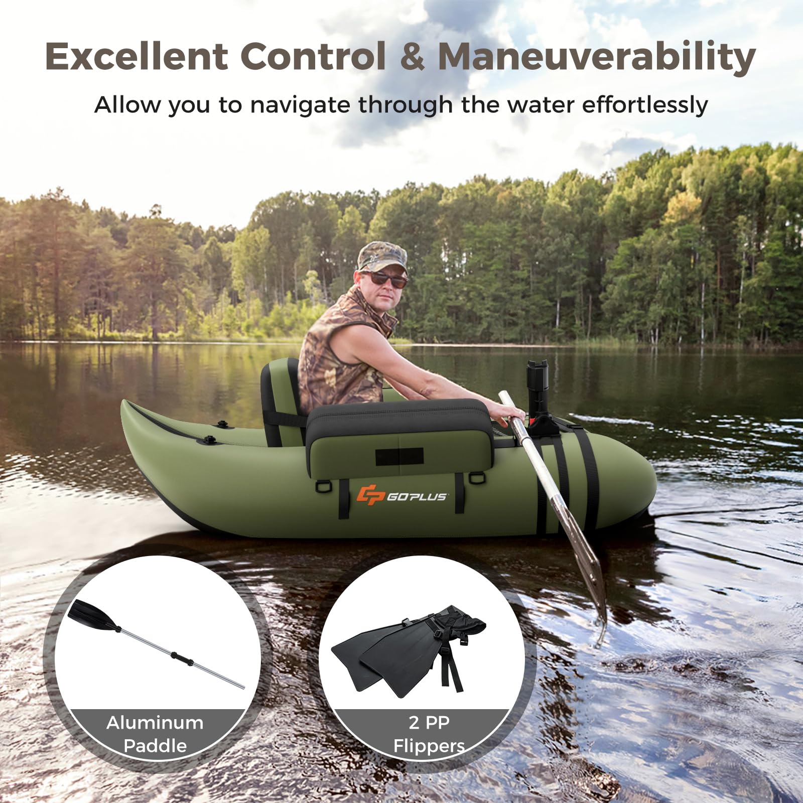 Goplus Inflatable Float Tube, Fishing Belly Boat w/Paddle, Flippers, Fish Ruler, Pump, Storage Bag, Adjustable Straps, 350LBS Load Capacity (Green, W/Rod Holder)