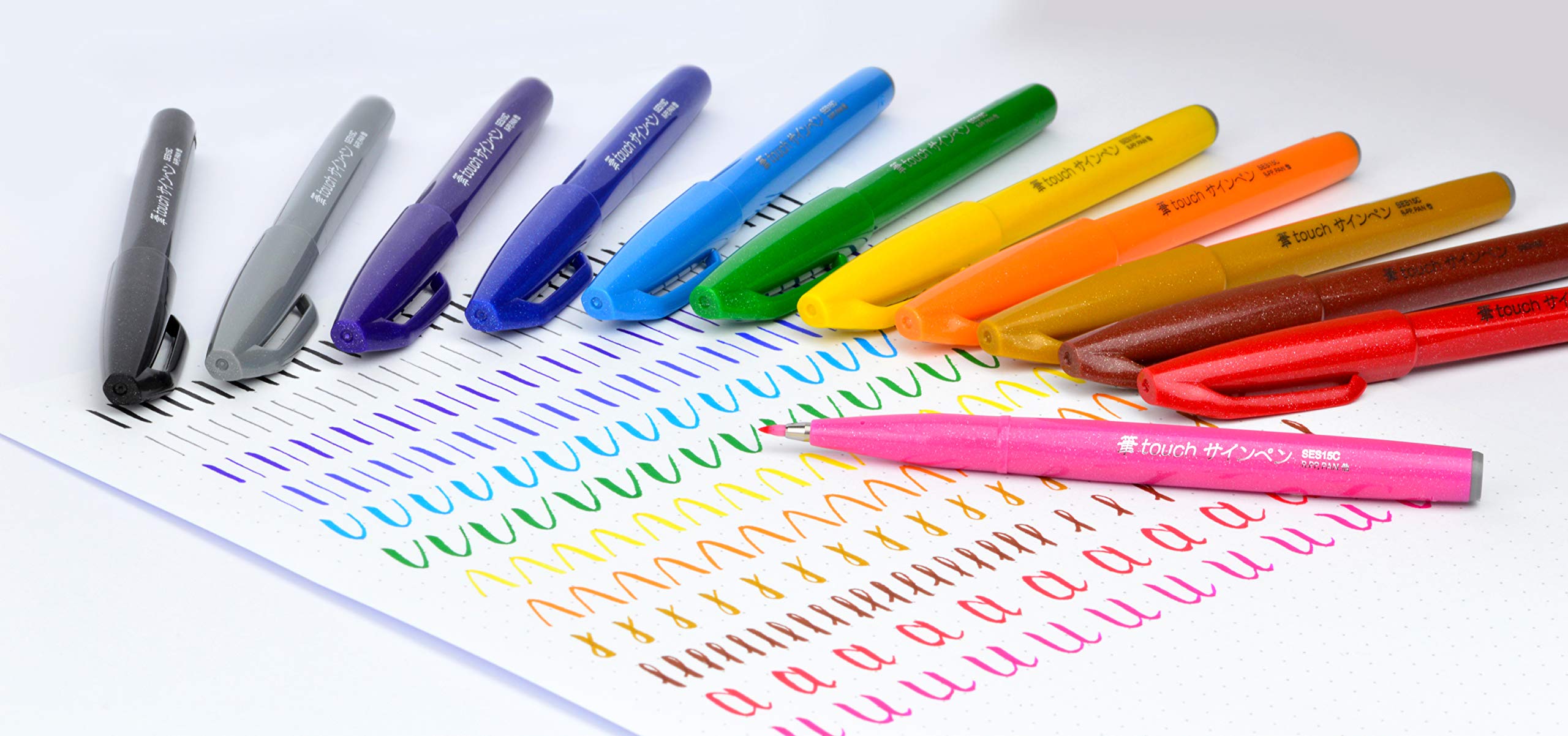 Pentel SES15-12 Brush Sign Pen Basic Assortment Fibre-Tip Brush Like Tip Pack of 12 Assorted Colours