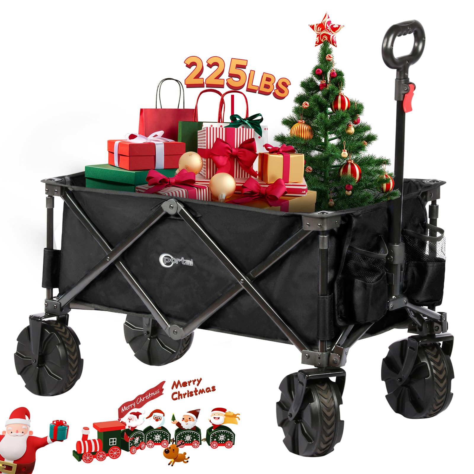 Portal Folding Collapsible Beach Wagon Utility Outdoor Camping Cart with 8" Big Wheels & Adjustable Handle, Large Capacity Foldable Grocery Wagon for Garden Beach Wagon, Black