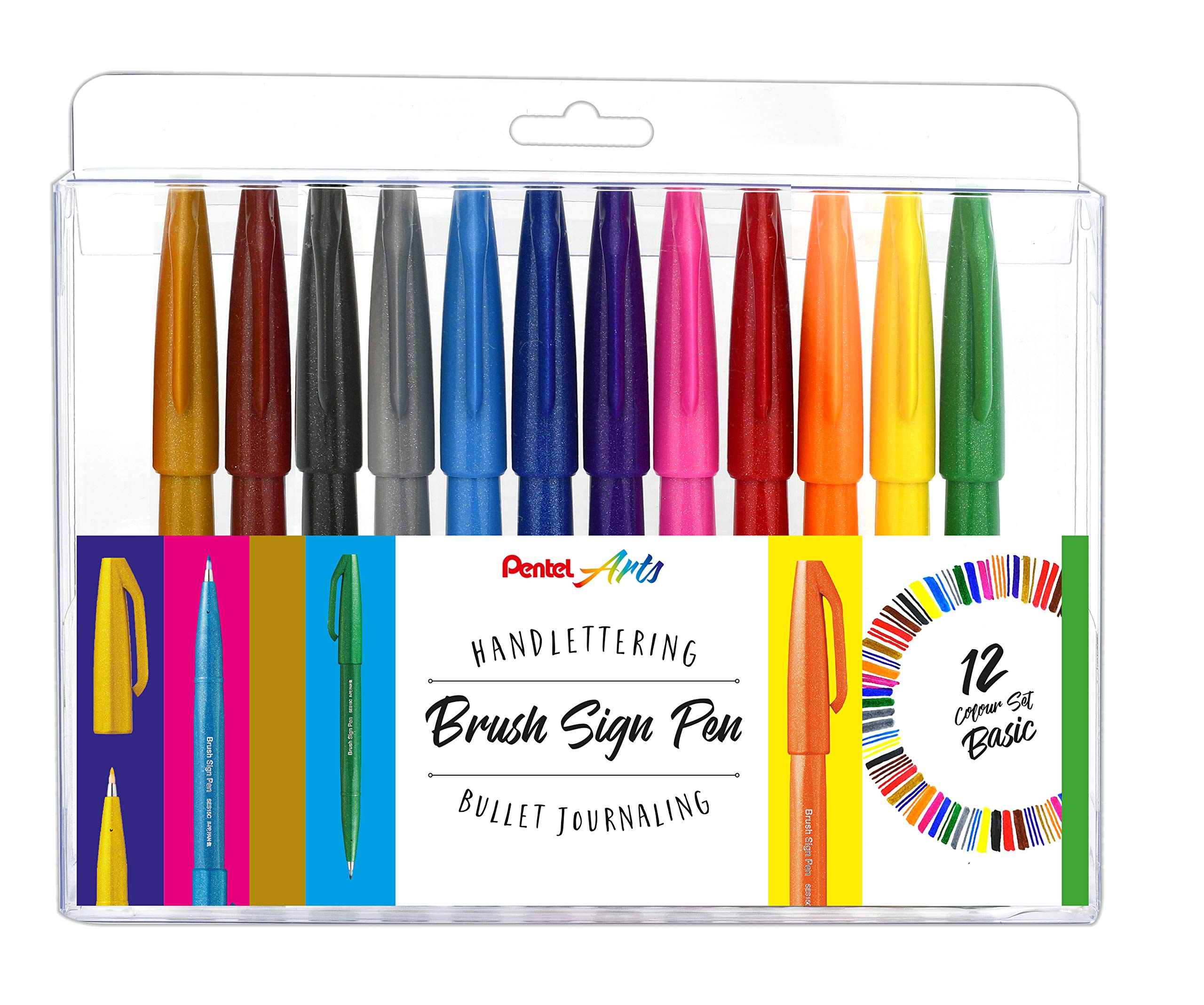 Pentel SES15-12 Brush Sign Pen Basic Assortment Fibre-Tip Brush Like Tip Pack of 12 Assorted Colours