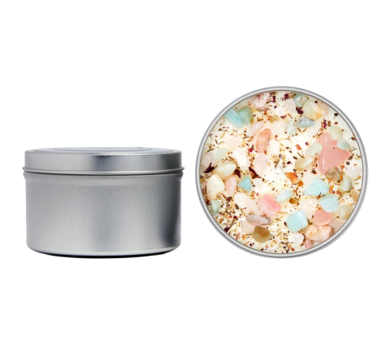 Self Love Candle by New Moon Beginnings - Negative Energy Cleansing - Handmade Aromatherapy Soy Candle - Dried Flower, Herb, & Crystal Candle - 8oz Tin