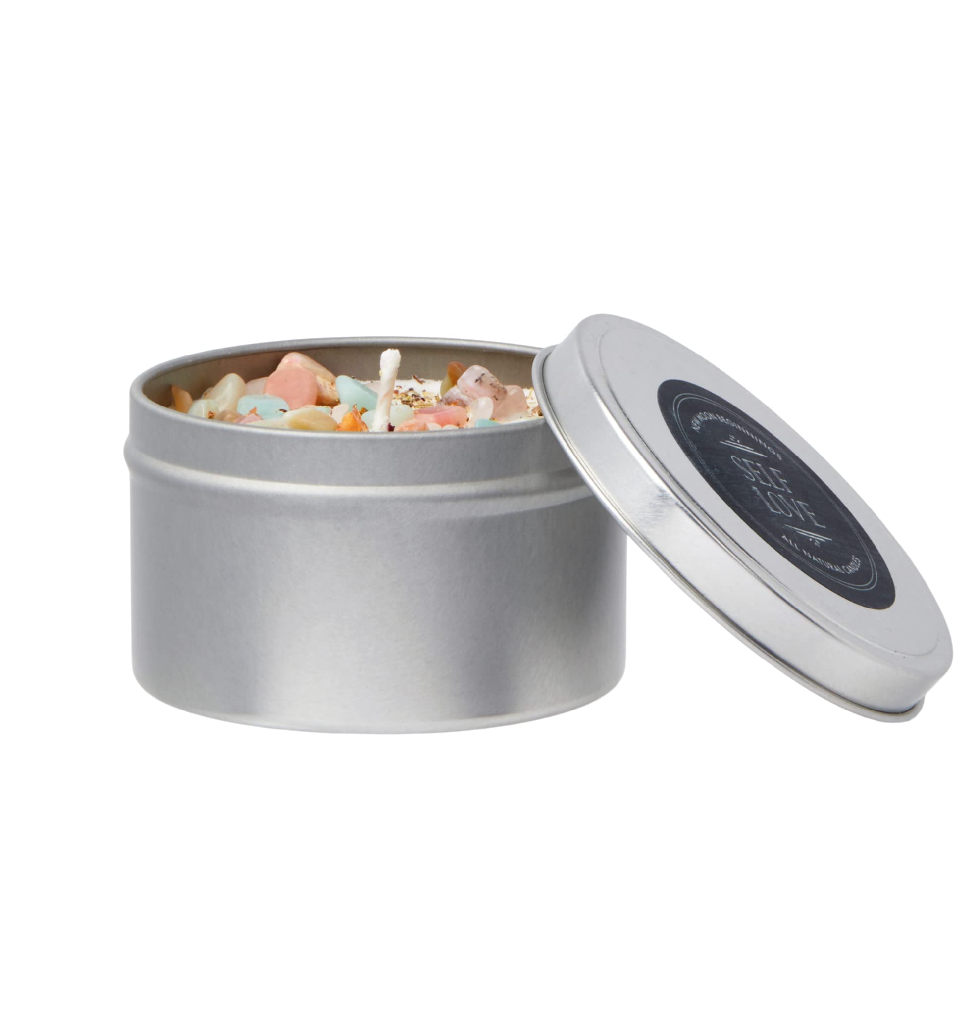 Self Love Candle by New Moon Beginnings - Negative Energy Cleansing - Handmade Aromatherapy Soy Candle - Dried Flower, Herb, & Crystal Candle - 8oz Tin