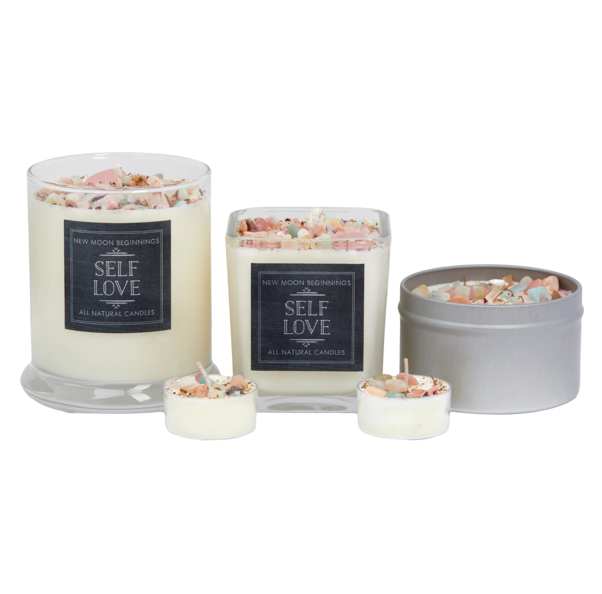 Self Love Candle by New Moon Beginnings - Negative Energy Cleansing - Handmade Aromatherapy Soy Candle - Dried Flower, Herb, & Crystal Candle - 8oz Tin