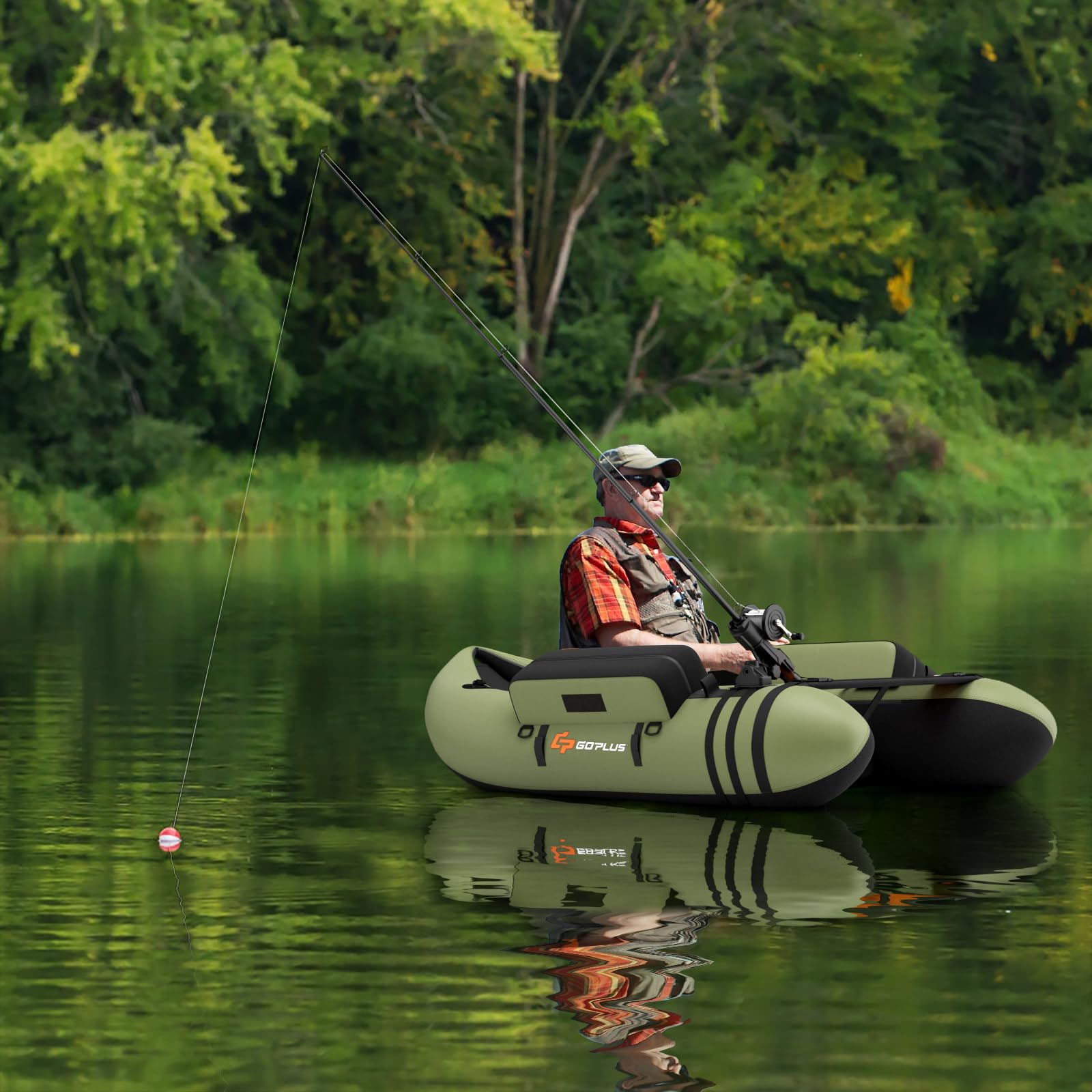 Goplus Inflatable Float Tube, Fishing Belly Boat w/Paddle, Flippers, Fish Ruler, Pump, Storage Bag, Adjustable Straps, 350LBS Load Capacity (Green, W/Rod Holder)
