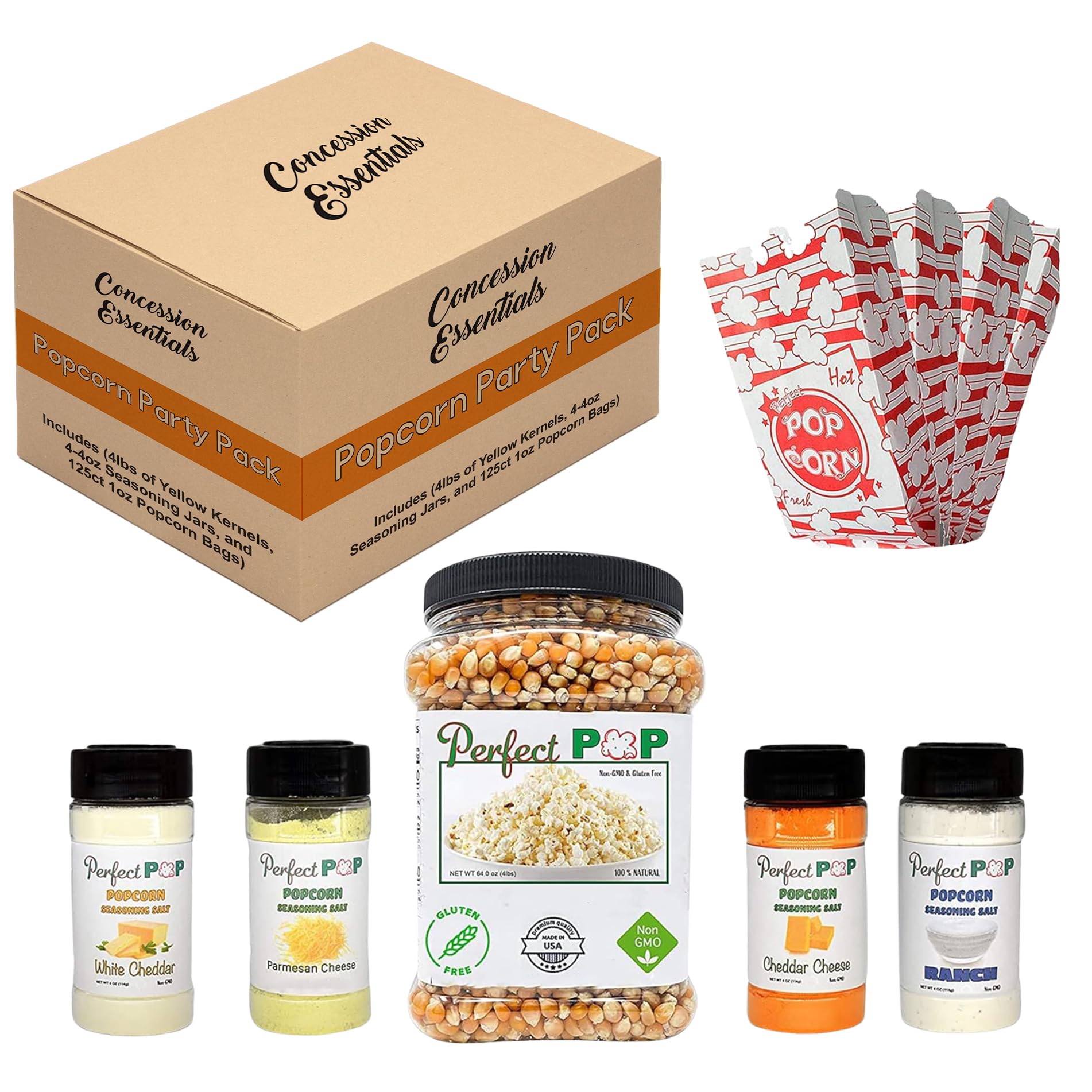 Perfectware Ultimate Popcorn Party Pack- Includes (4lbs of Yellow Kernels, 4-4oz Seasoning Jars, and 125ct 1oz Popcorn Bags)