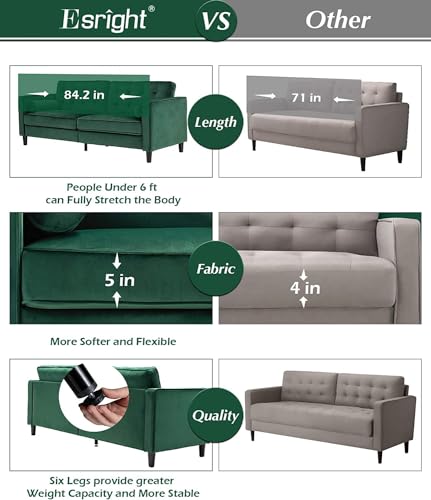 Esright 84.2" Velvet Couch Sofa with 2 Bolster Pillows,Green Office Sofa Mid-Century Couch for Living Room 3 Seats Couch for Apartment