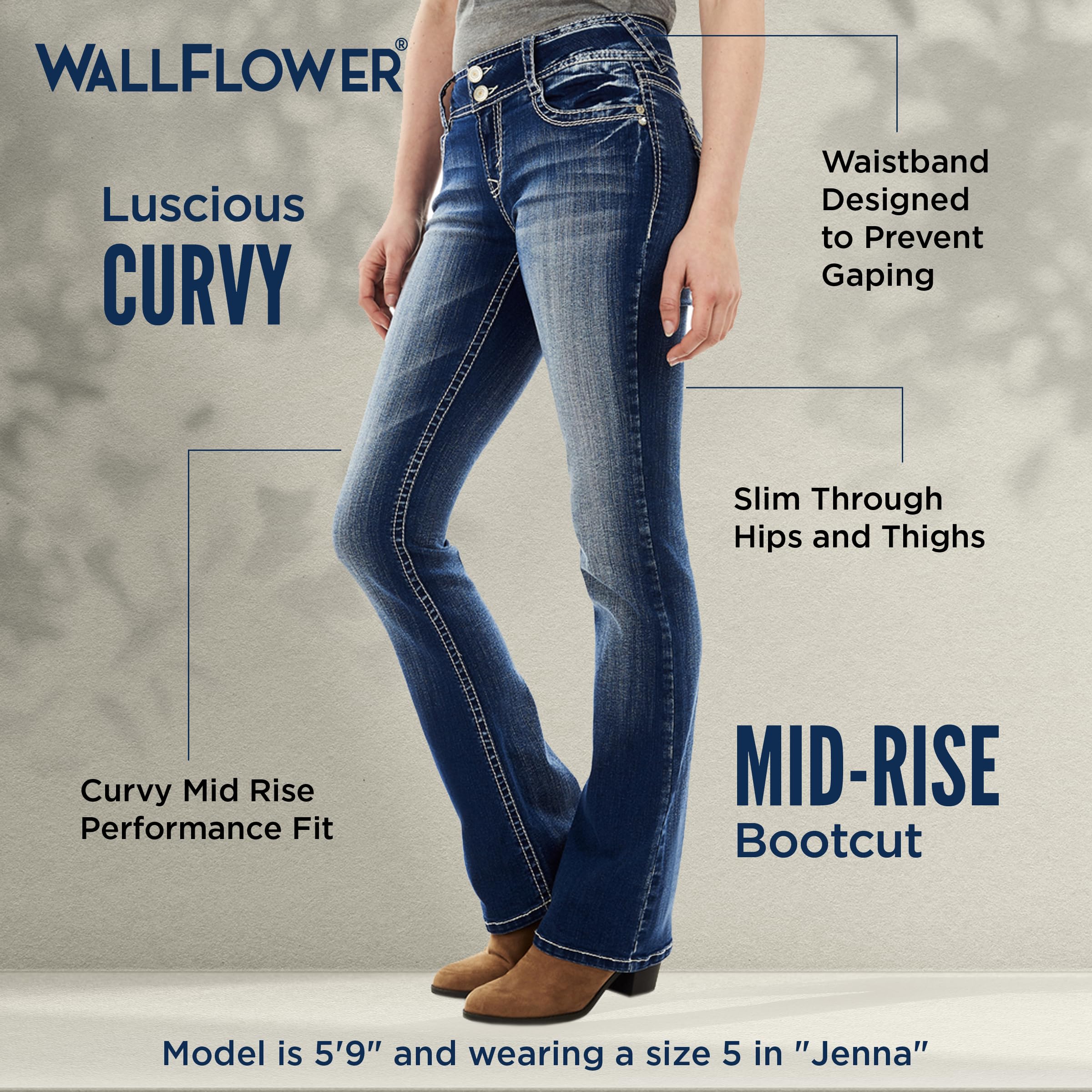 WallFlower Women's Luscious Curvy Bootcut Mid-Rise Insta Stretch Juniors Jeans (Standard and Plus), Jenna, 18 Plus Long