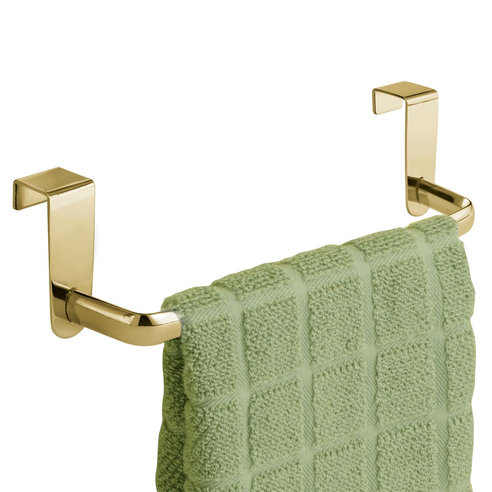 mDesign Steel Metal Wire Over Cabinet Towel Rack Storage Organizer - Hang on Cabinet or Door - Towel Bar Holder for Kitchen - Holds Hand Towels, Washcloths - Spira Collection - Soft Brass