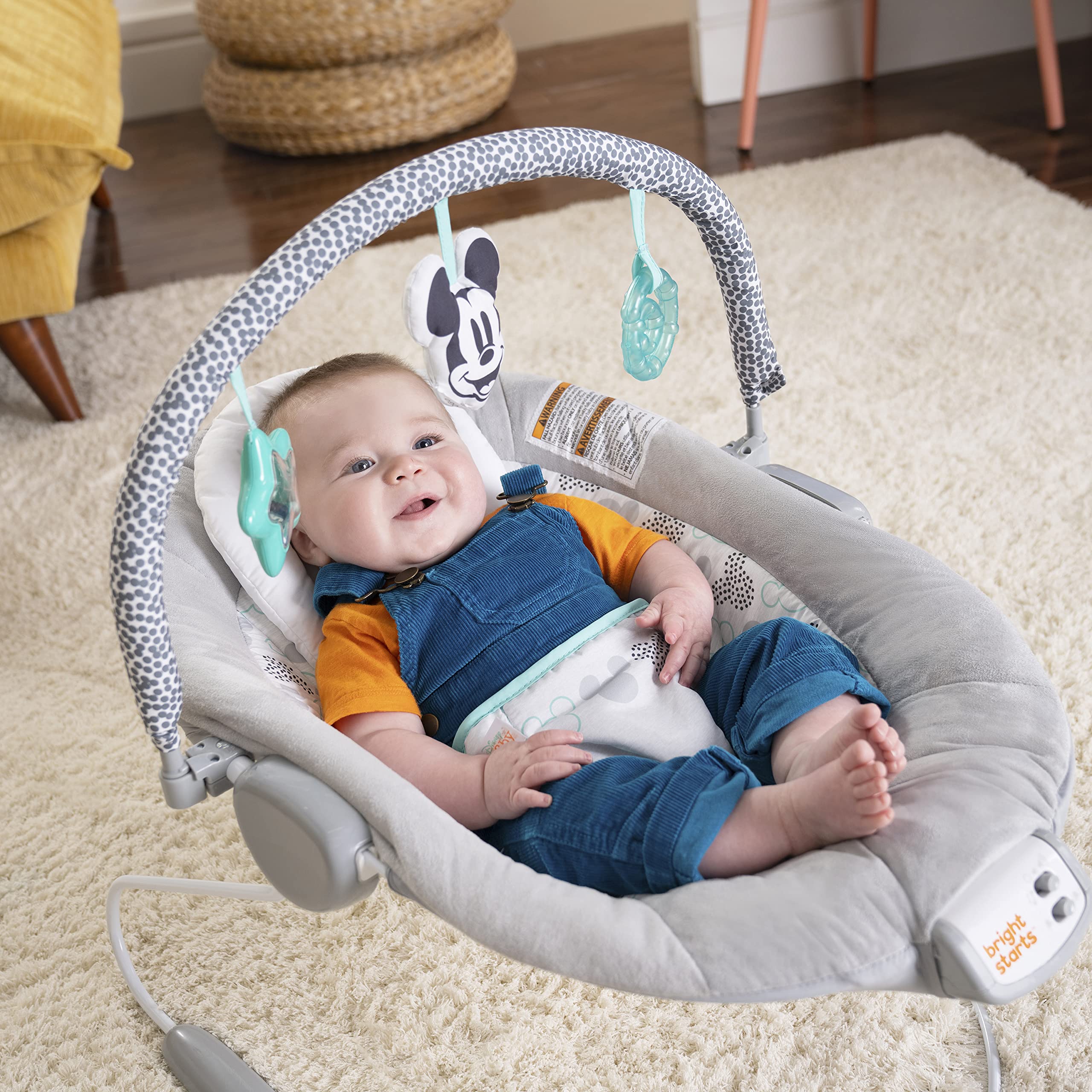 Bright Starts Mickey Mouse Comfy Disney Baby Bouncer in Cloudscapes Includes -Toy Bar with 3 Cute Toys, Plays 7 Soothing Melodies w/Auto Shut-Off, Age 0-6 Months