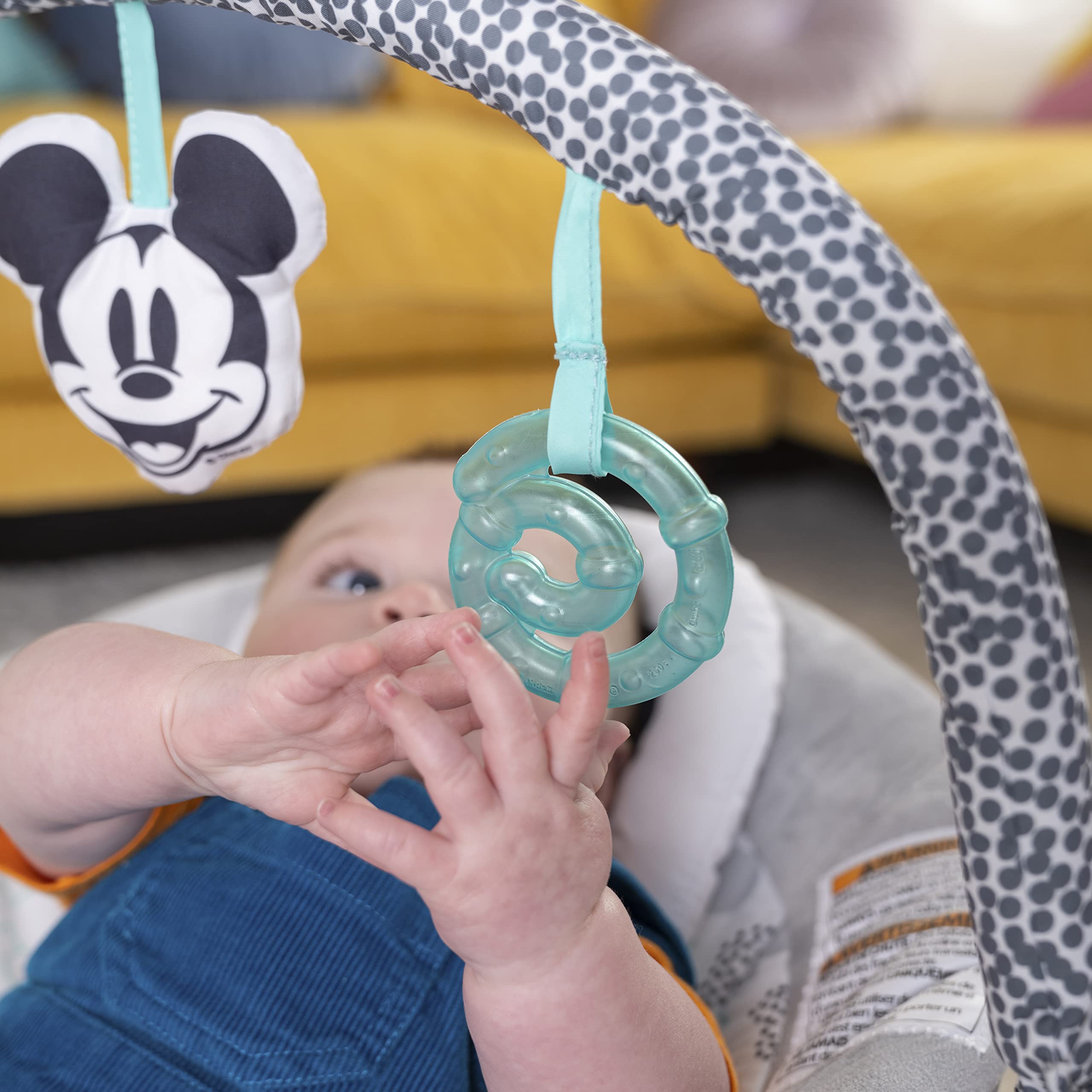 Bright Starts Mickey Mouse Comfy Disney Baby Bouncer in Cloudscapes Includes -Toy Bar with 3 Cute Toys, Plays 7 Soothing Melodies w/Auto Shut-Off, Age 0-6 Months