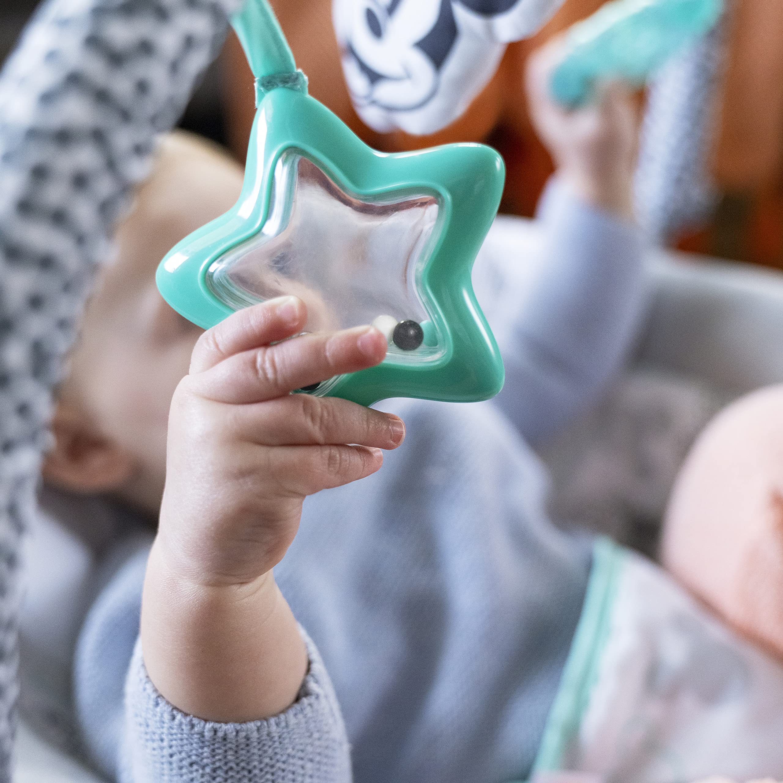 Bright Starts Mickey Mouse Comfy Disney Baby Bouncer in Cloudscapes Includes -Toy Bar with 3 Cute Toys, Plays 7 Soothing Melodies w/Auto Shut-Off, Age 0-6 Months