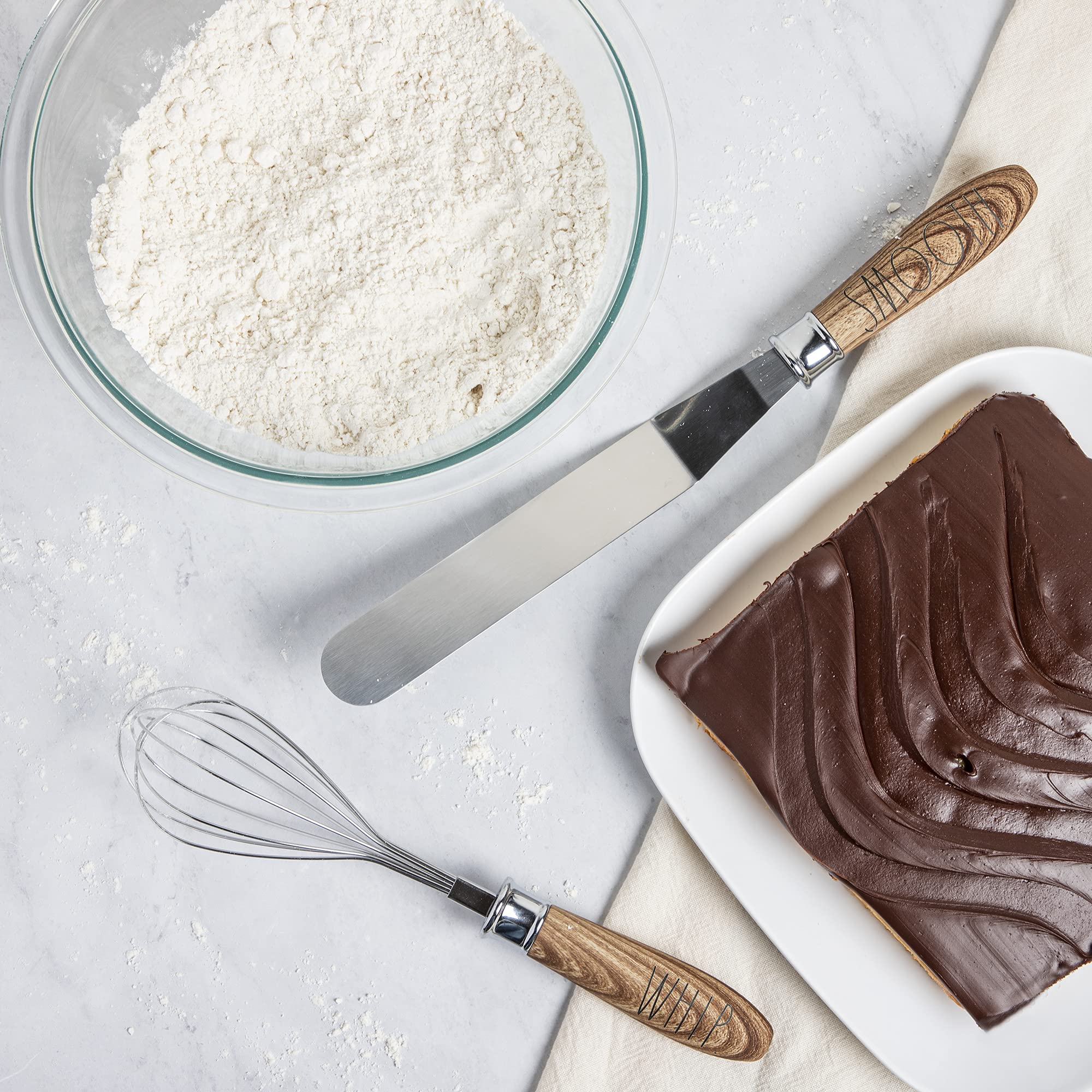 Rae Dunn Everyday Collection Dessert Set- Ice Cream and Cookie Dough Scoop, Spreader, and Whisk with Wooden Handles