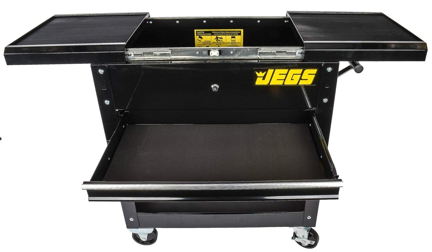 JEGS Heavy-Duty Tool Box Cart | 220 LBS Capacity | Uses Four 4” Caster Wheels | Includes 2 Keyes and 6 Drawer Liners | Black with JEGS Logo | 2 Locking Drawers | Sliding Top