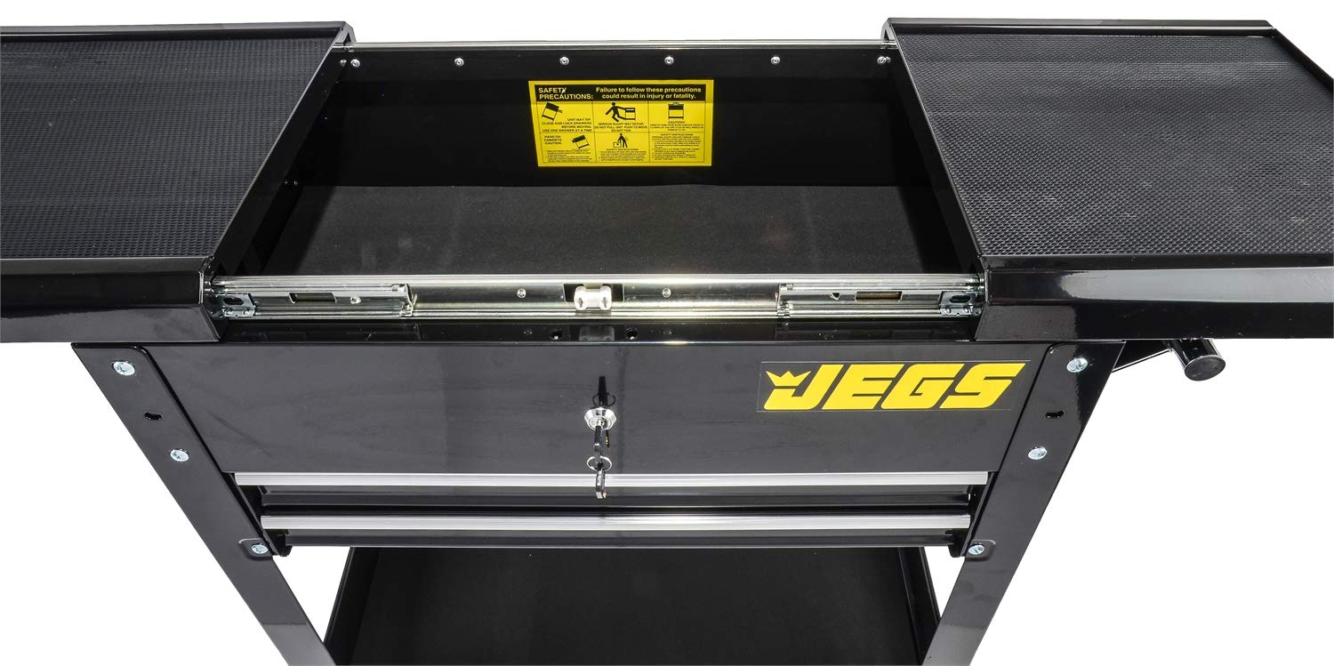 JEGS Heavy-Duty Tool Box Cart | 220 LBS Capacity | Uses Four 4” Caster Wheels | Includes 2 Keyes and 6 Drawer Liners | Black with JEGS Logo | 2 Locking Drawers | Sliding Top
