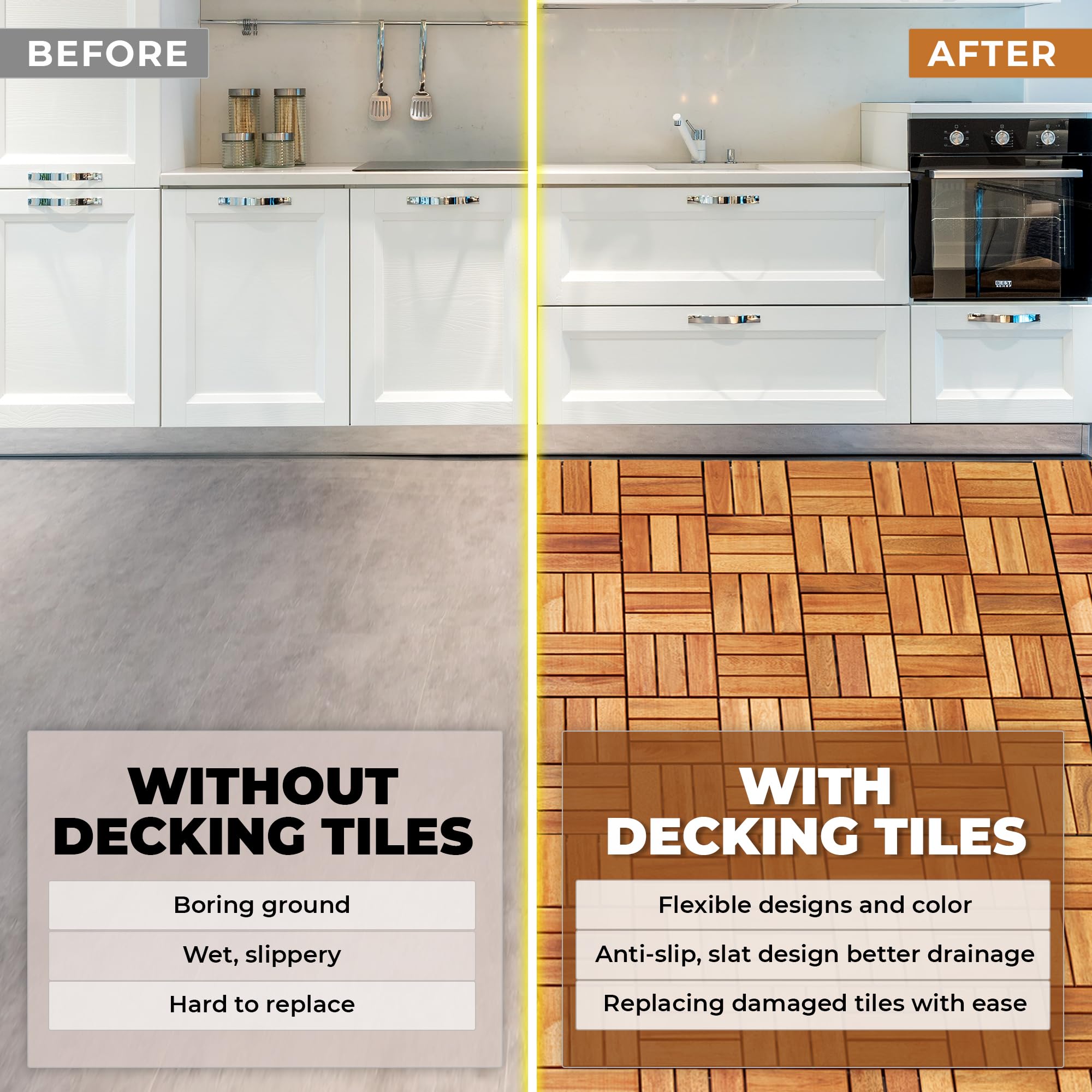 Acacia Deck Tiles (Pack of 10) - Hardwood Interlocking Patio Tiles, Outdoor Waterproof All Weather